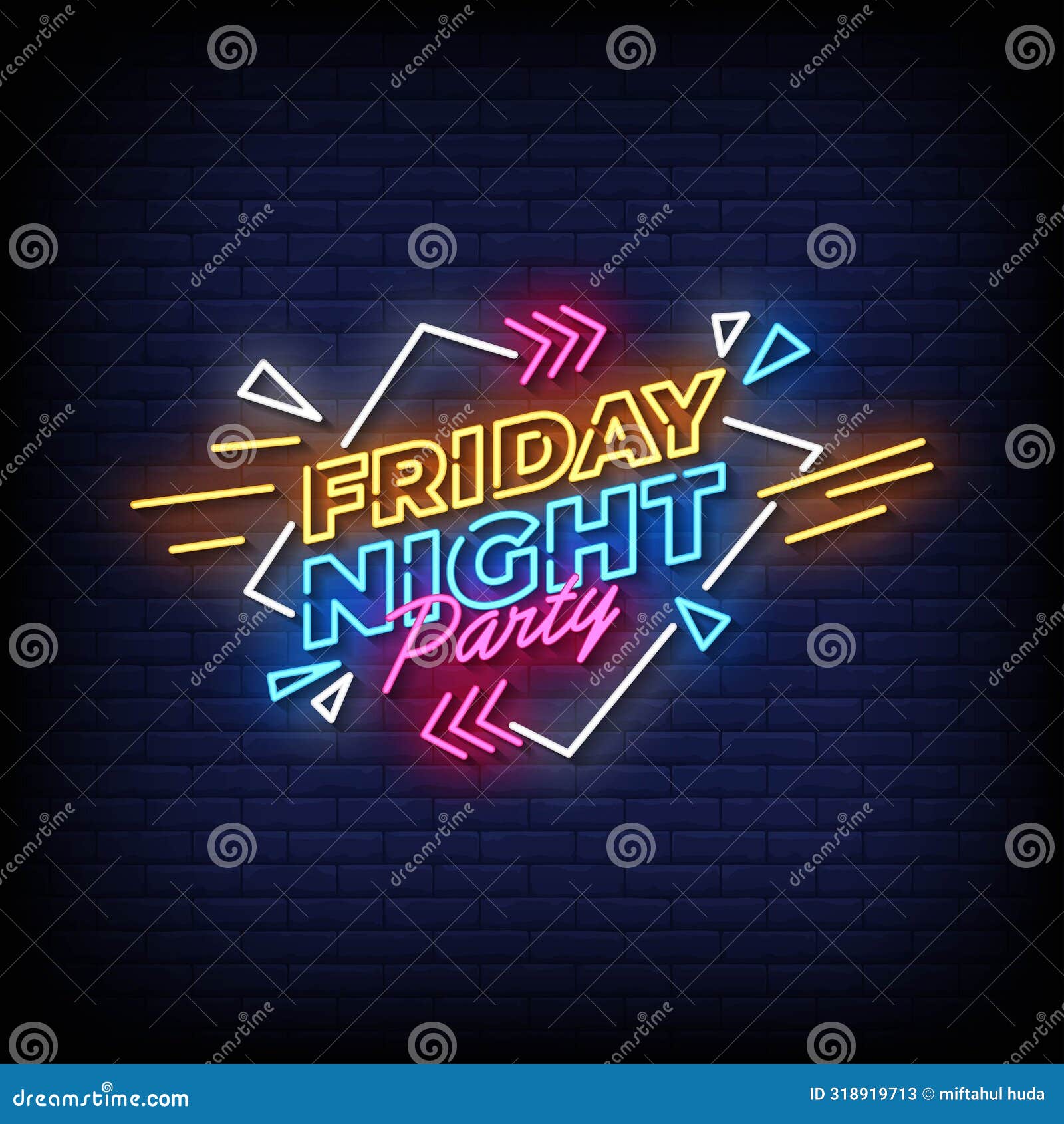 Friday Night Party Neon Sign on Brick Wall Background Vector Stock ...