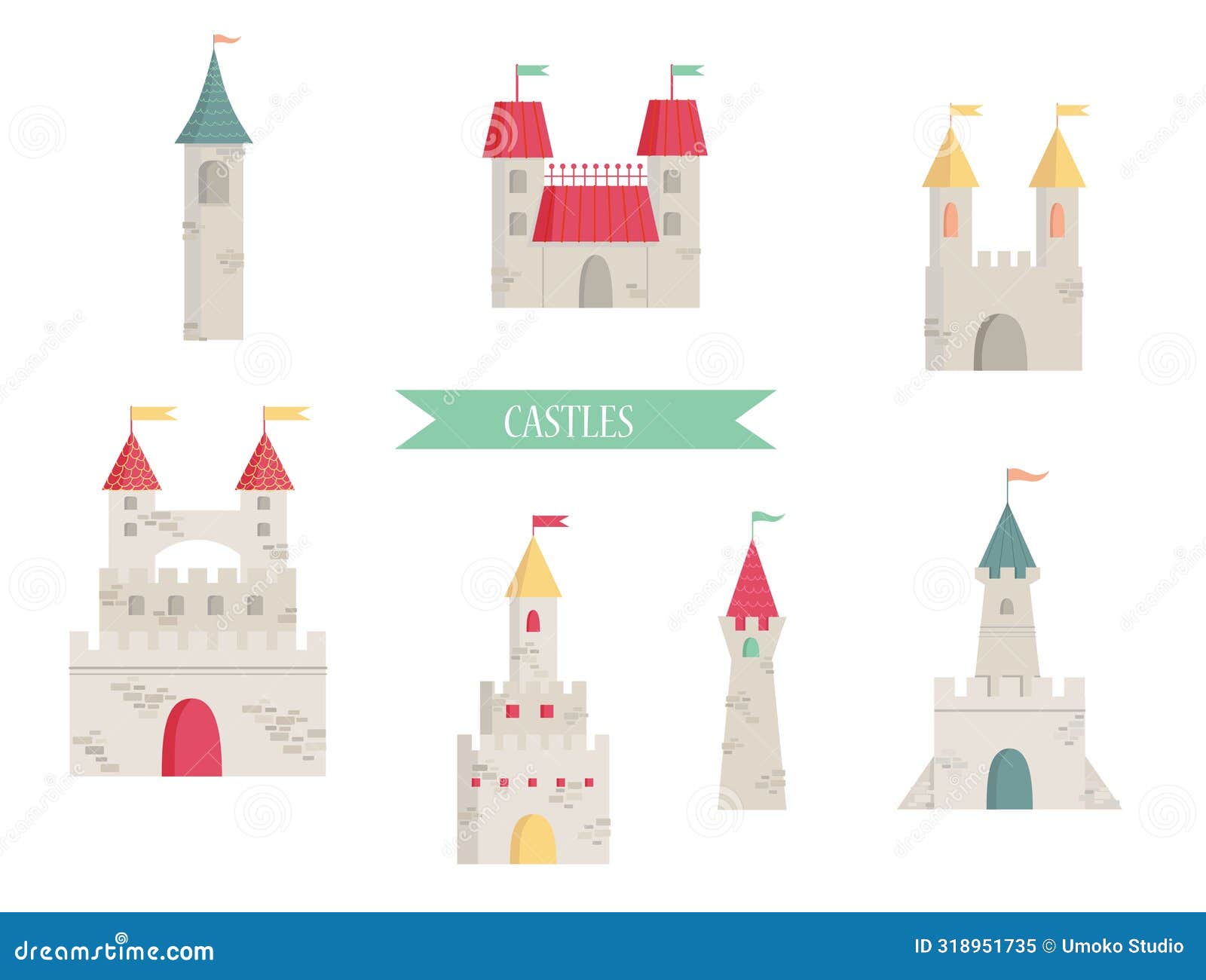 Set of Simple Flat Design Small Castles. Castle, Fairy Tale. Stock ...