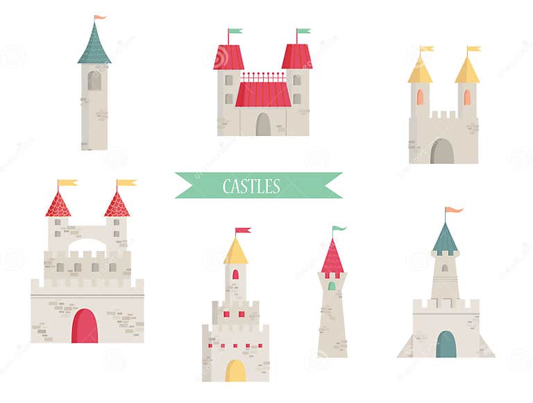 Set of Simple Flat Design Small Castles. Castle, Fairy Tale. Stock ...