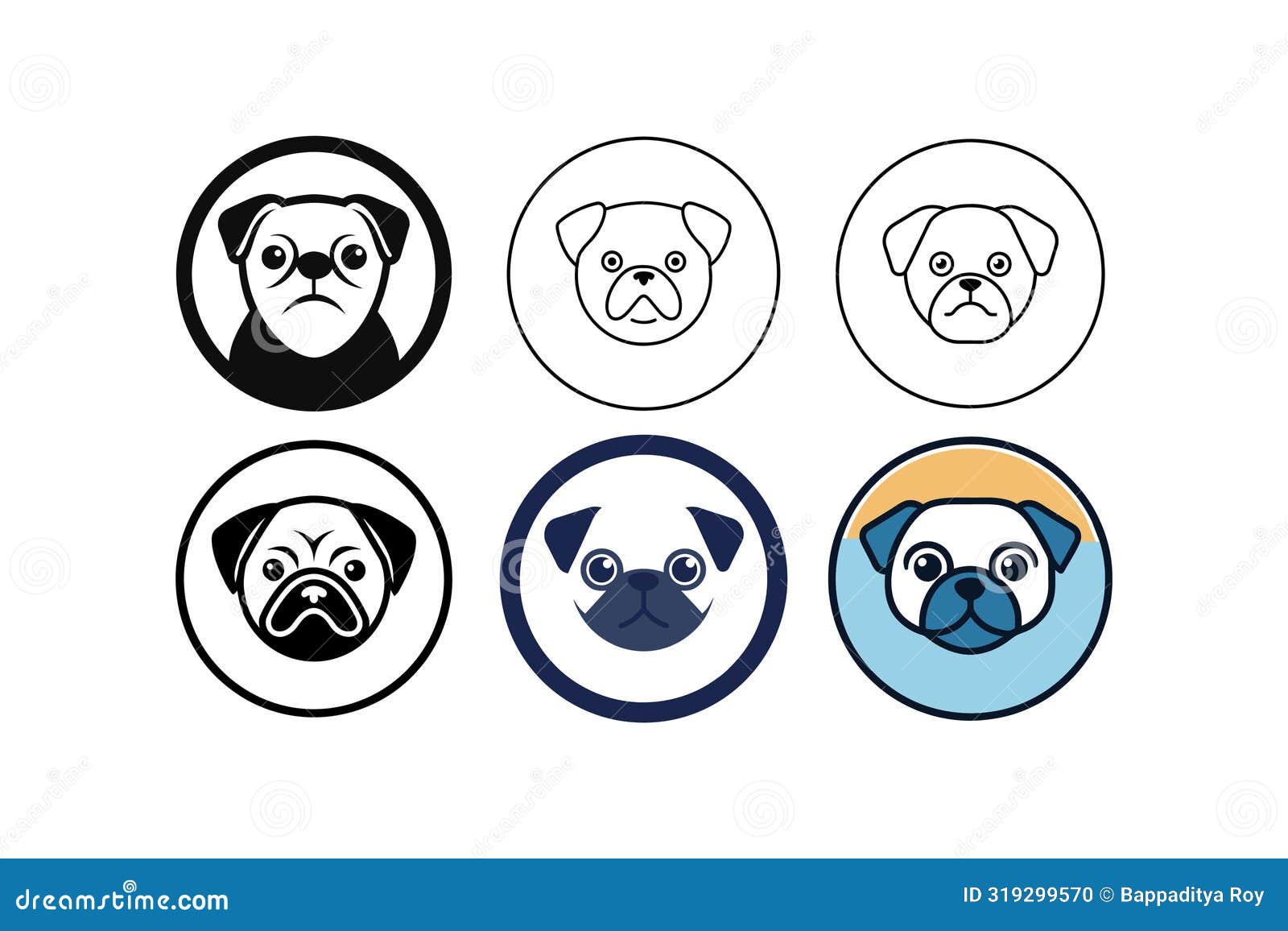 Set of faces of Pug dog stock vector. Illustration of expression ...