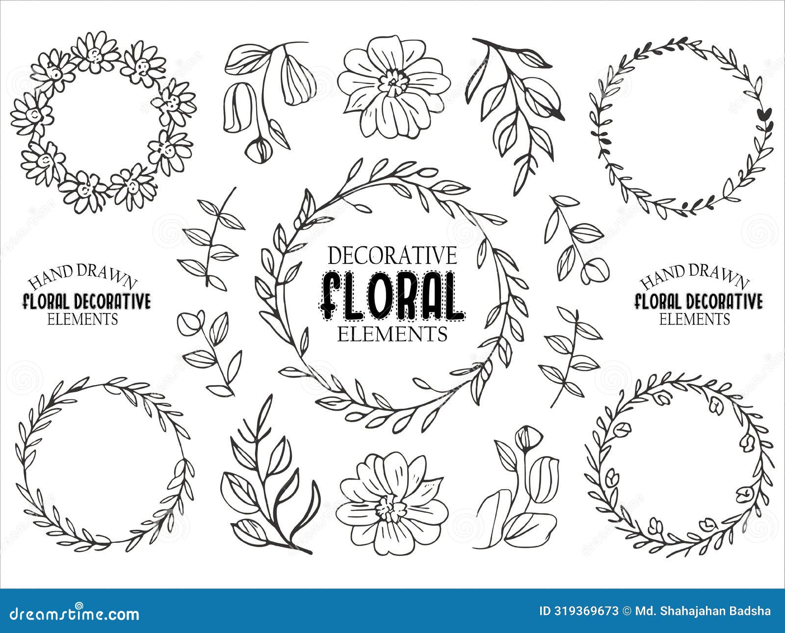 Hand Drawn Floral Decorative Elements Stock Vector - Illustration of ...