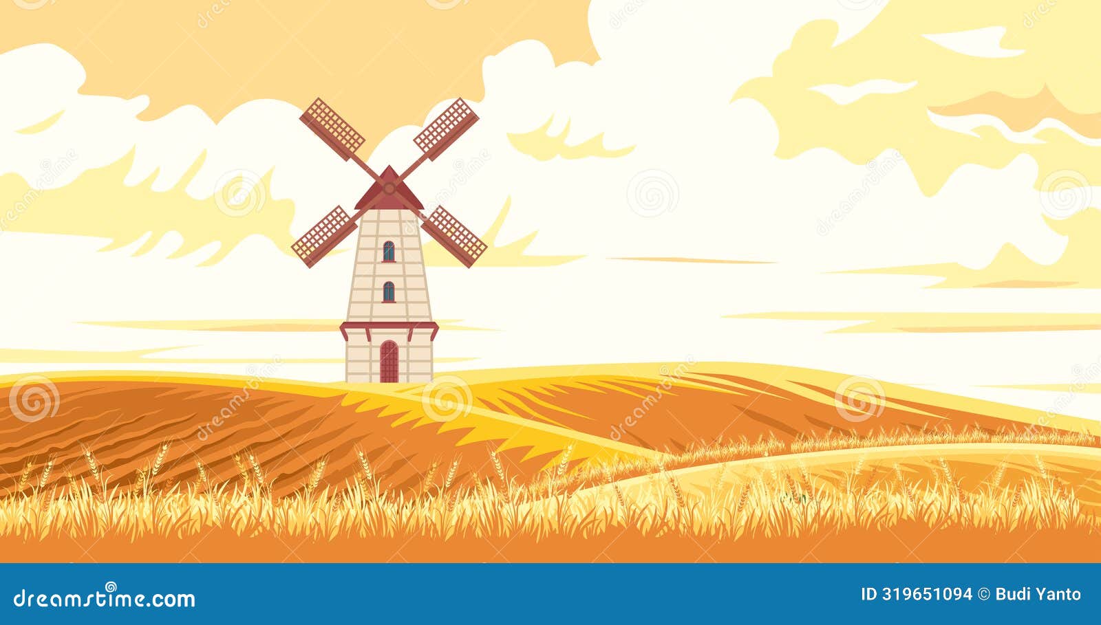 Vector Wheat Field Farm Design with Mill House and Beautiful Sky ...