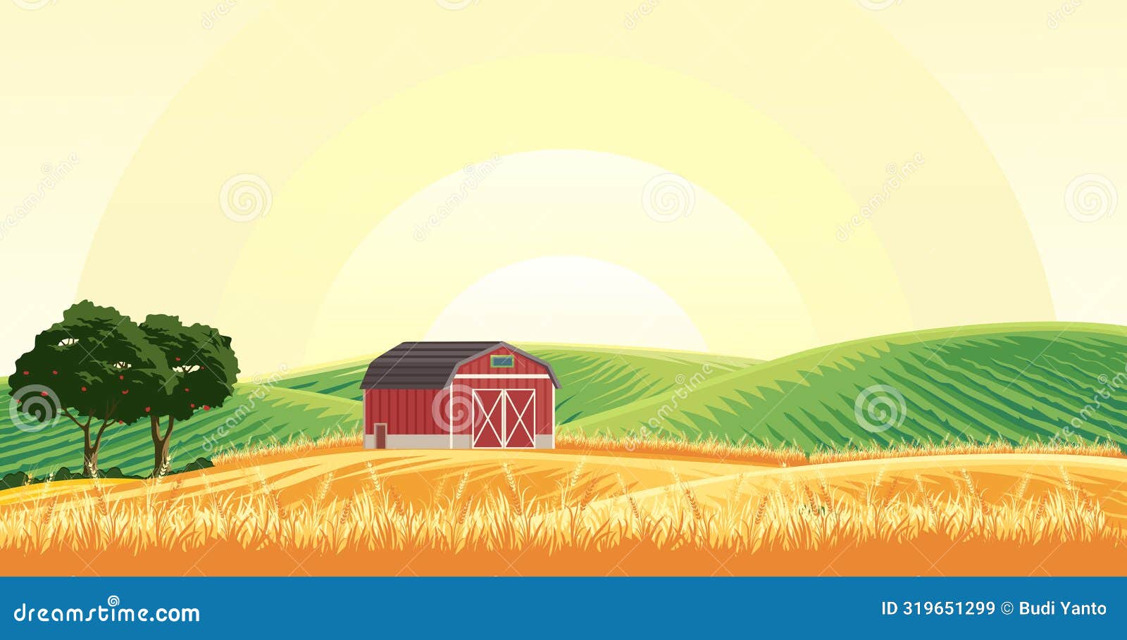 Farm with View of Wheat Field Fresh Grass Trees and House, Agriculture ...