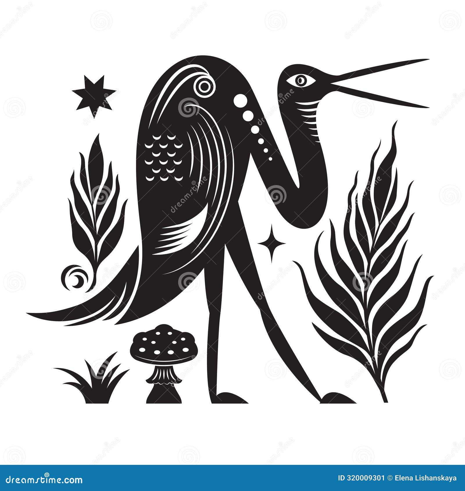 Vector Black and White Illustration, Stylized Abstract Bird, Folk Art ...