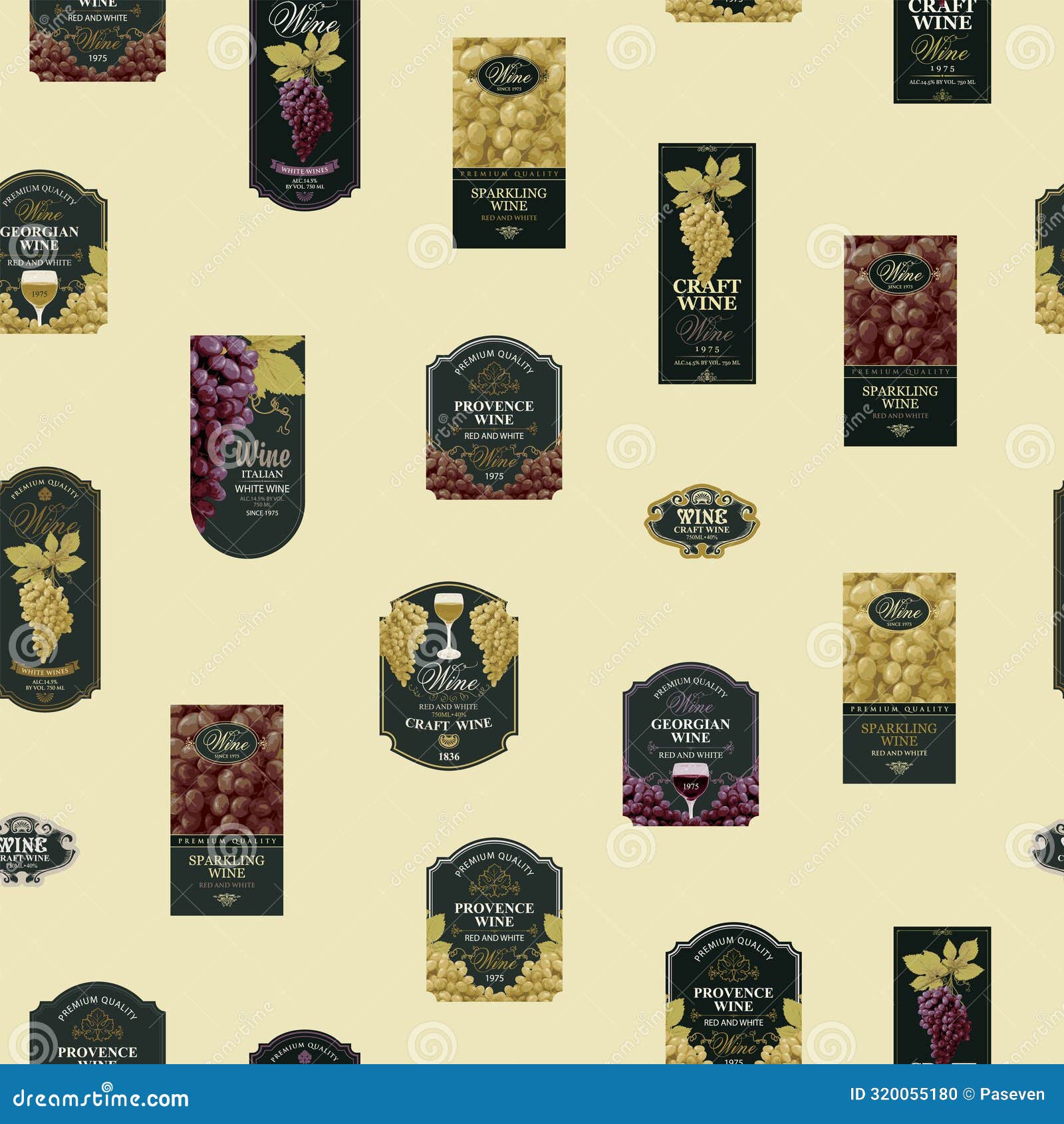 Seamless Pattern with Ornate Wine Labels in Retro Style Stock ...