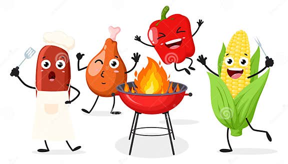 Cute Bbq Cartoon Character, Barbecue Food and Cooking Tools, Grill ...