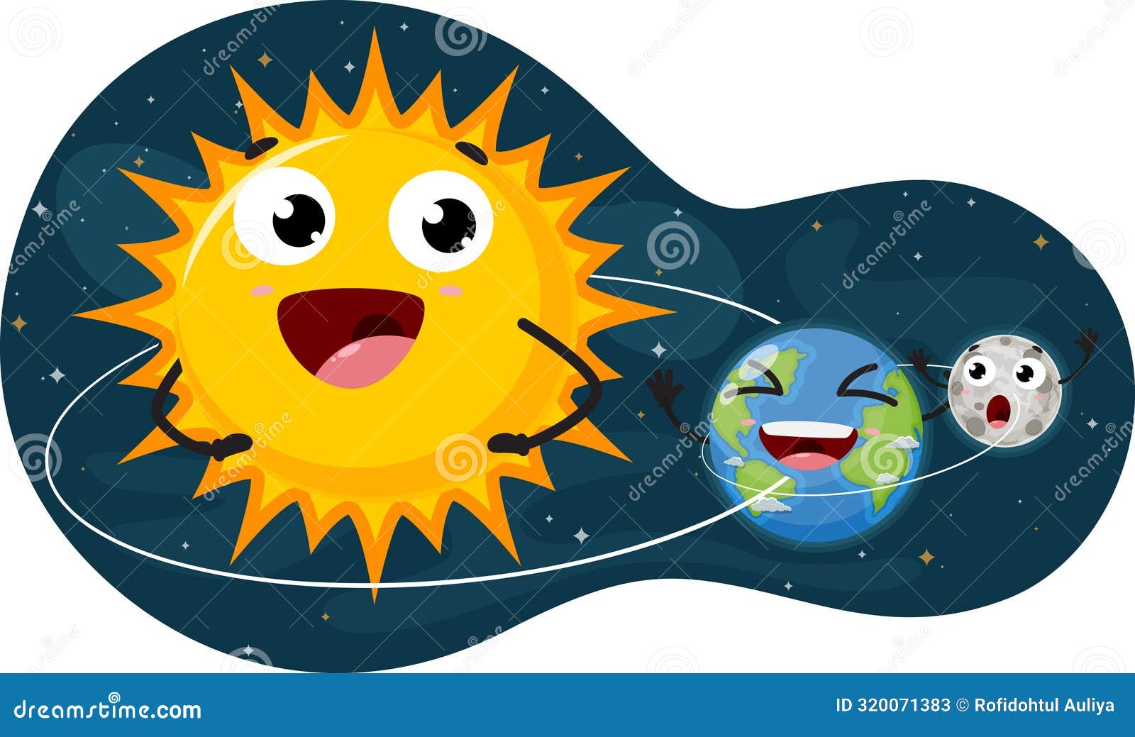 Cute Cartoon Earth and Moon Orbiting Sun, Isolated on White Background ...