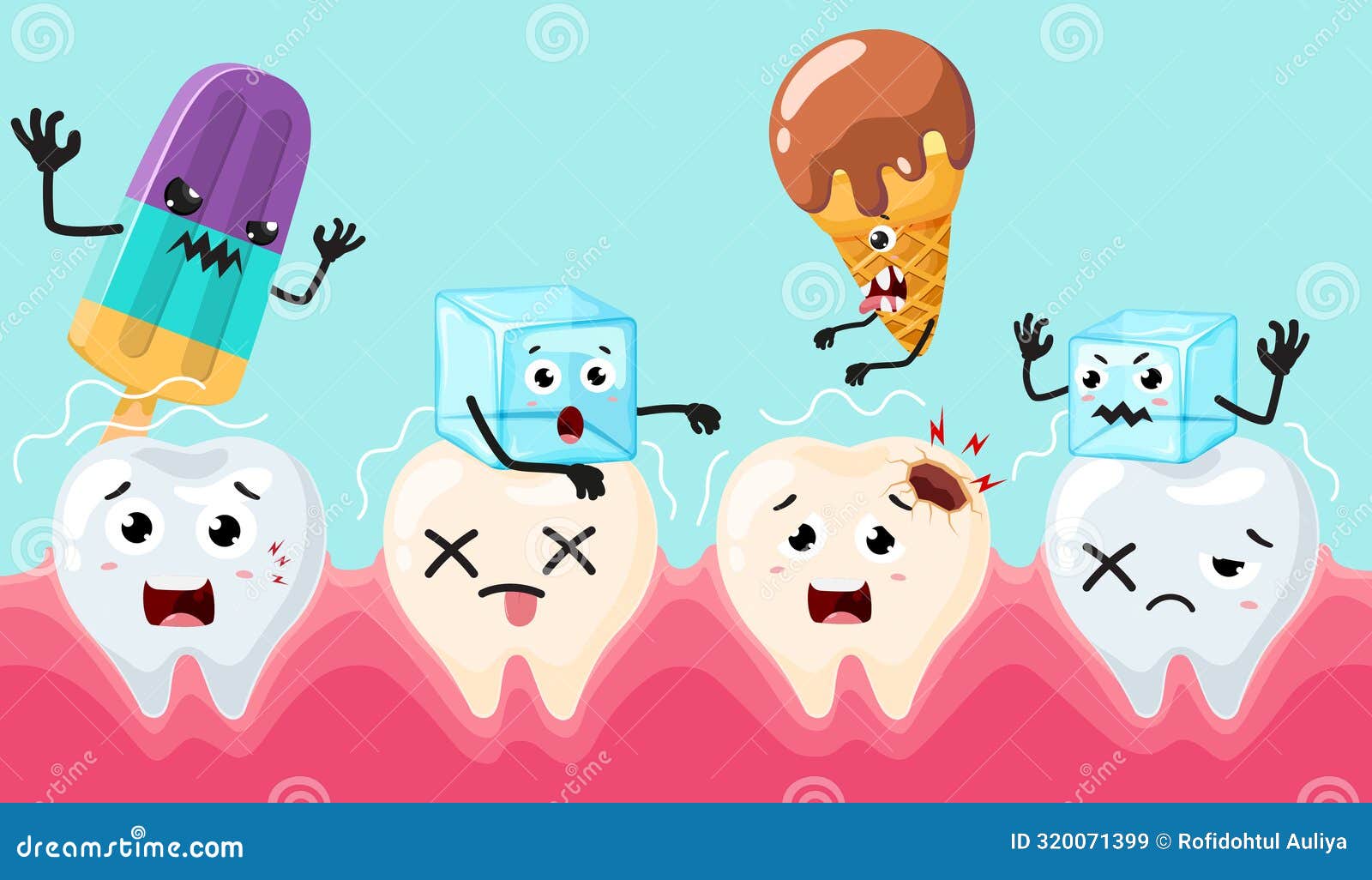 Sensitive Tooth Cartoon with Ice and Ice Cream, Isolated on White ...