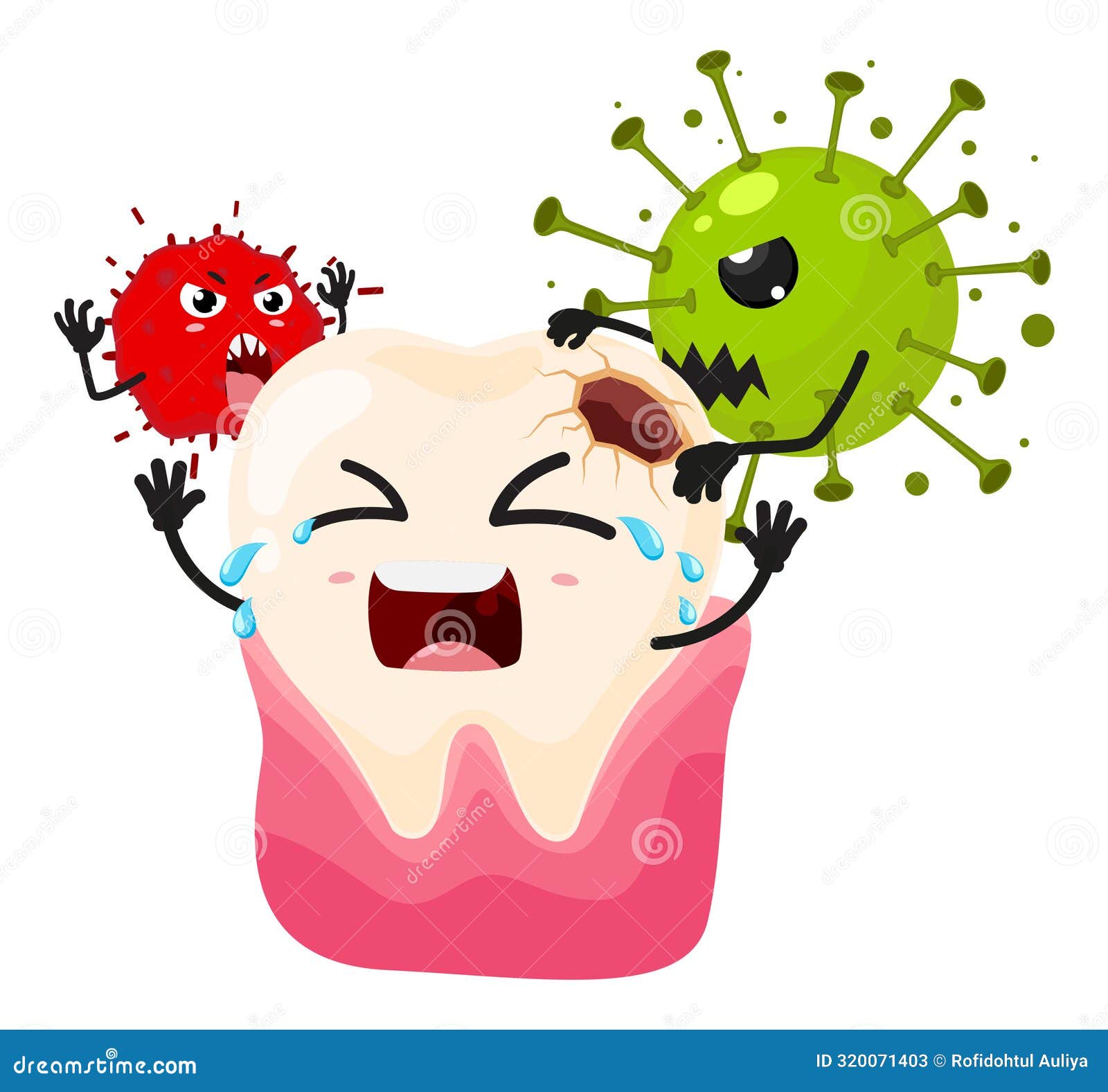 Cavity Tooth Cartoon with Bad Bacteria, Isolated on White Background ...