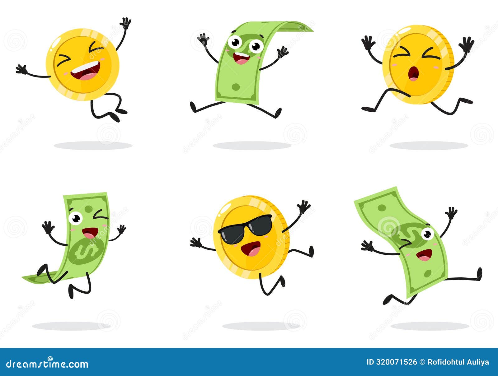 Set of Jumping Green Paper Money and Gold Coins Stock Illustration ...