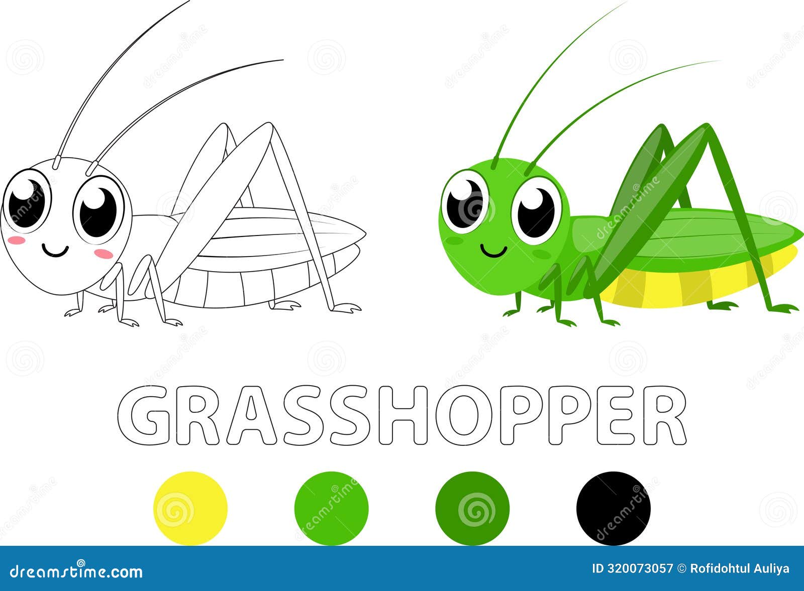 Cute Grasshopper Cartoon Coloring Book, Hand Drawn Simple Lines Stock ...