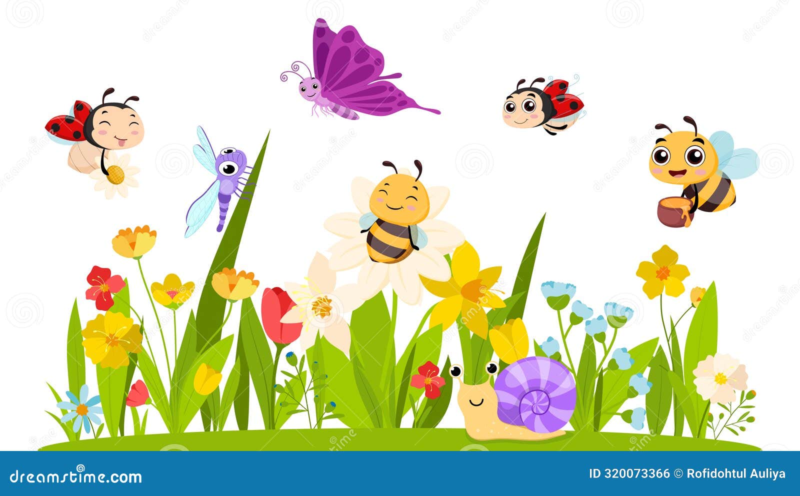 Cartoon Insects in the Garden, Snail, Bees, Ladybug, Grasshopper ...