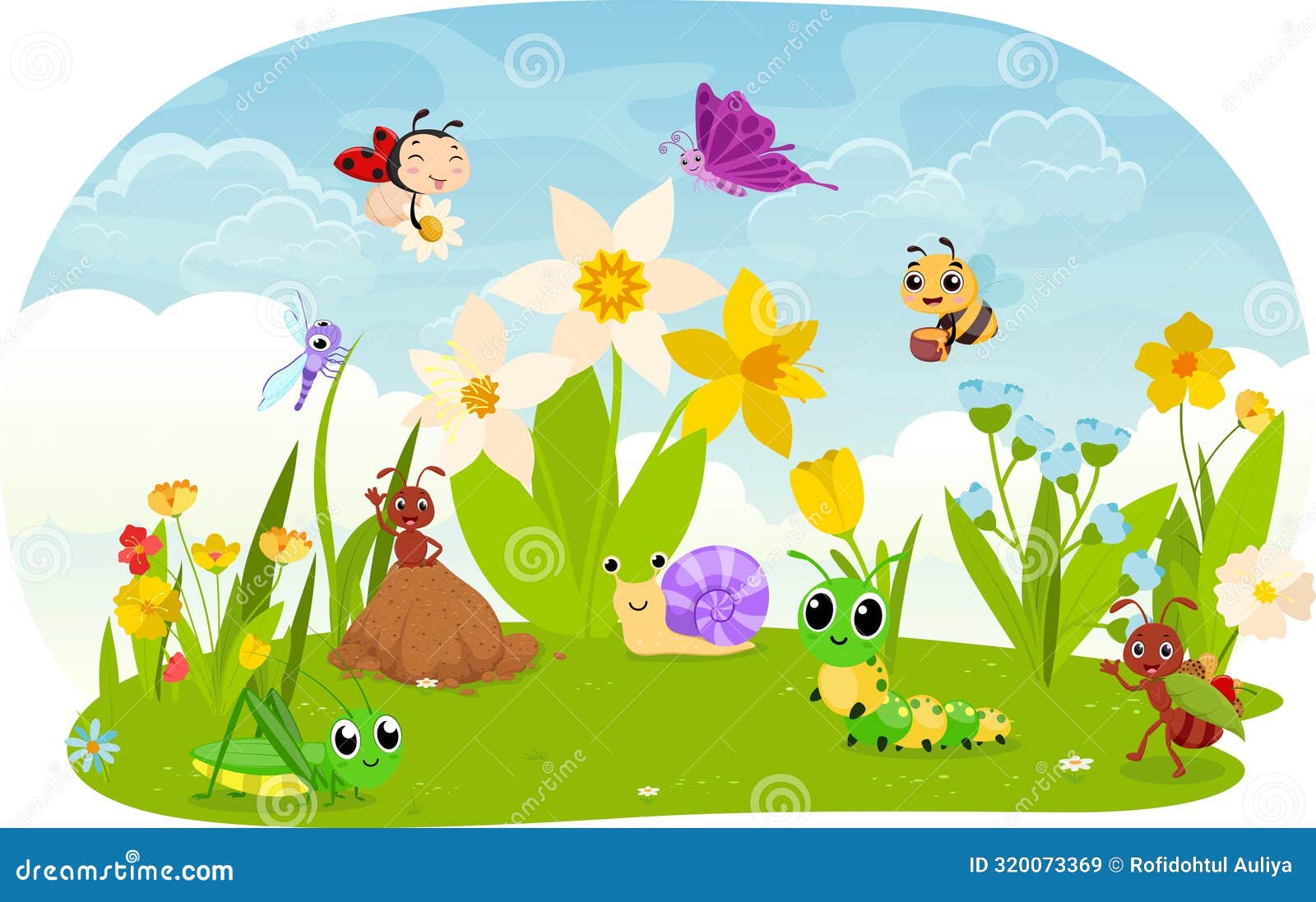 Grasshopper And Dragonfly. Cute Cartoon Character. Yellow Blue ...