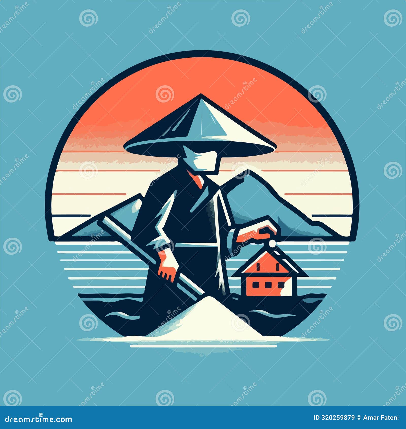 Colorful Vector Illustration of a Traditional Asian Farmer at Sunset ...