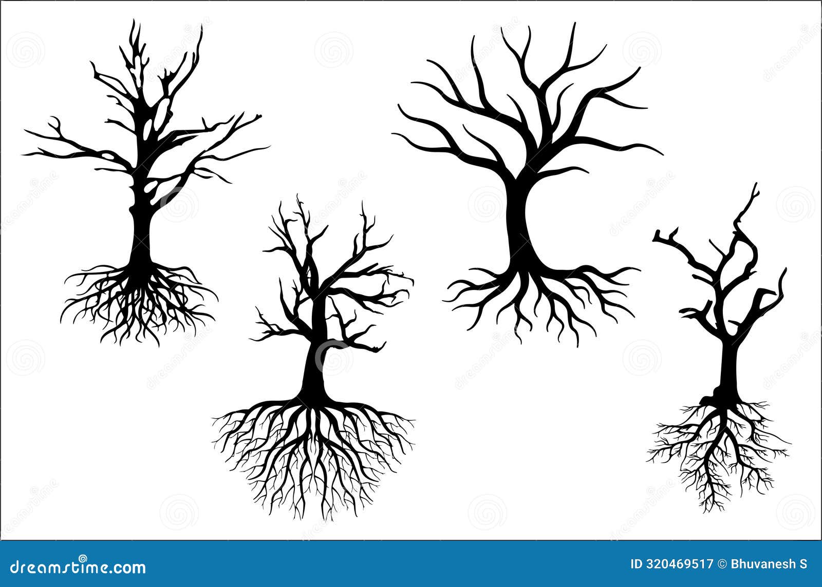 Set of Dry Trees with Roots Silhouettes Isolated on White Background ...