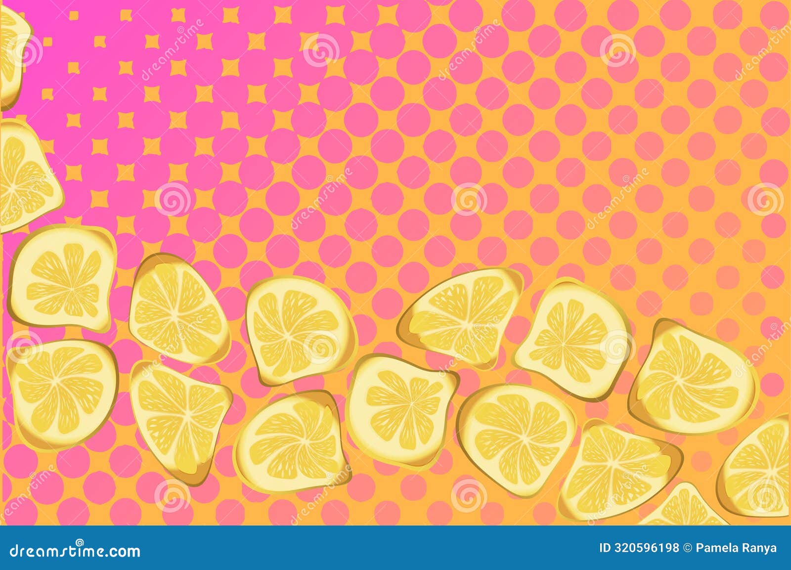 Fantasy of Lemons on Pink and Oragnge Dotted Background. Distorted ...