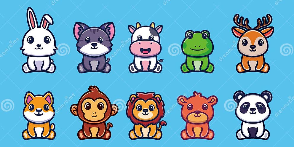 Vector Set of Cute Sit Animals Cartoon Character Design Stock ...
