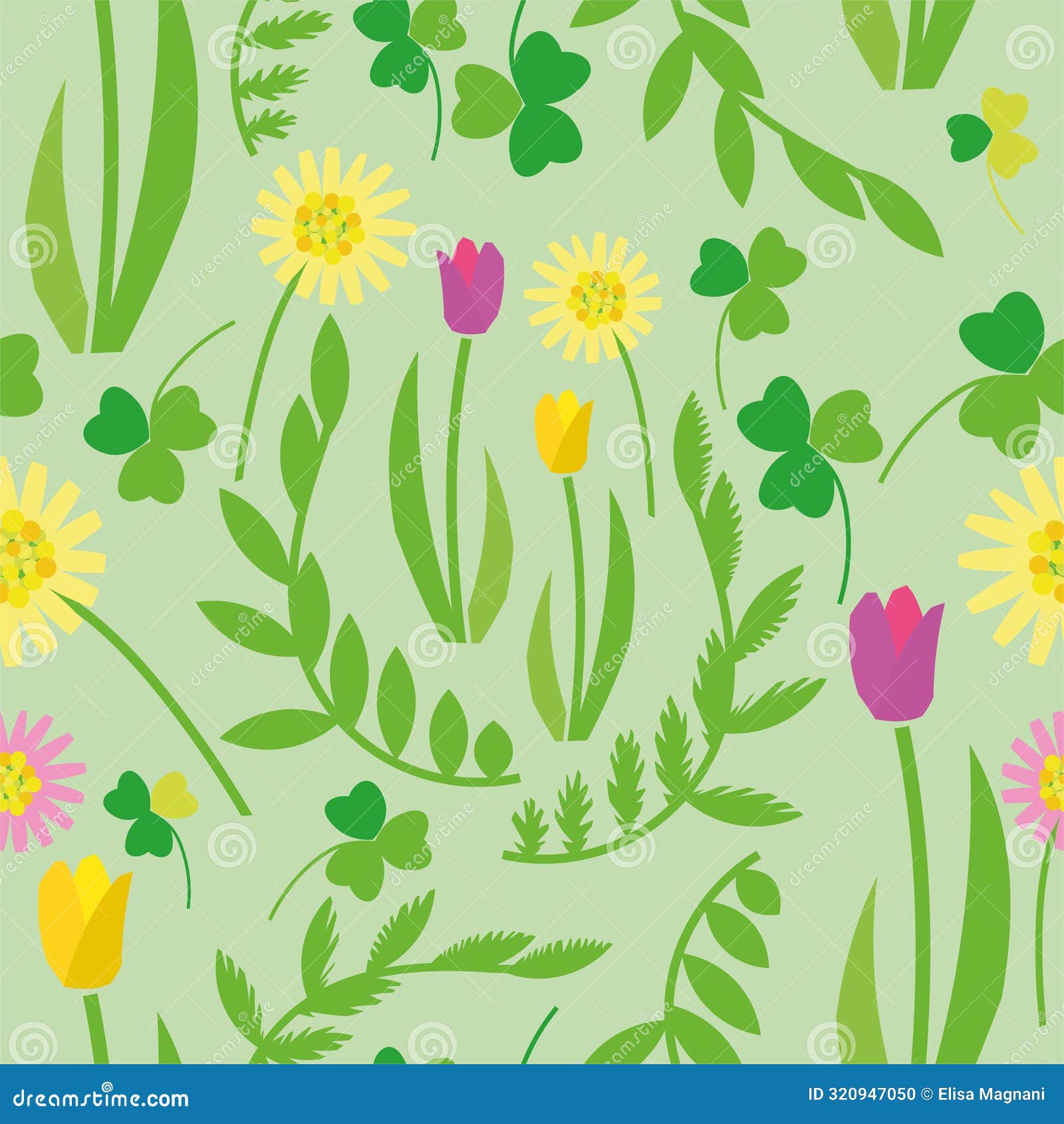 Spring Flowers. Seamless Repeat Background with Tulip, Daisy, Clover ...