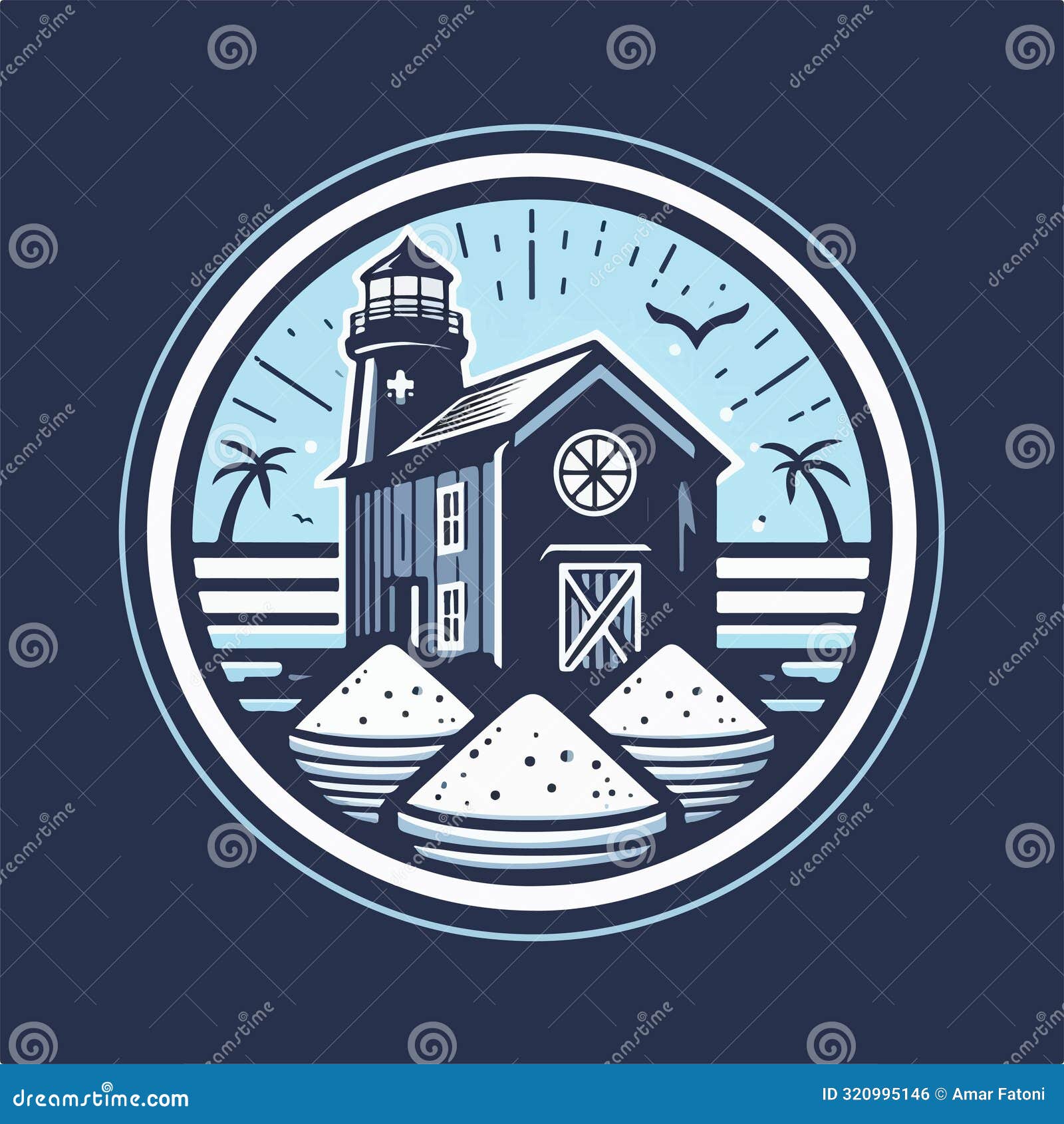Charming Vector Illustration of a Coastal Salt House with a Lighthouse ...