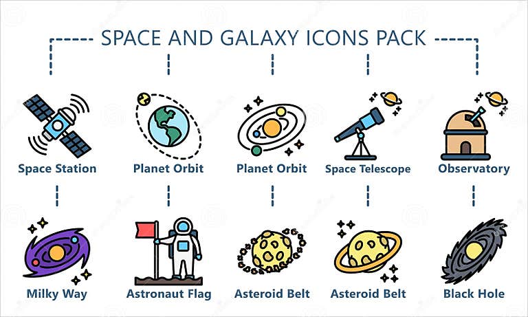Space and Galaxy Lineal Multi Color Icons Pack Stock Illustration - Illustration of design ...