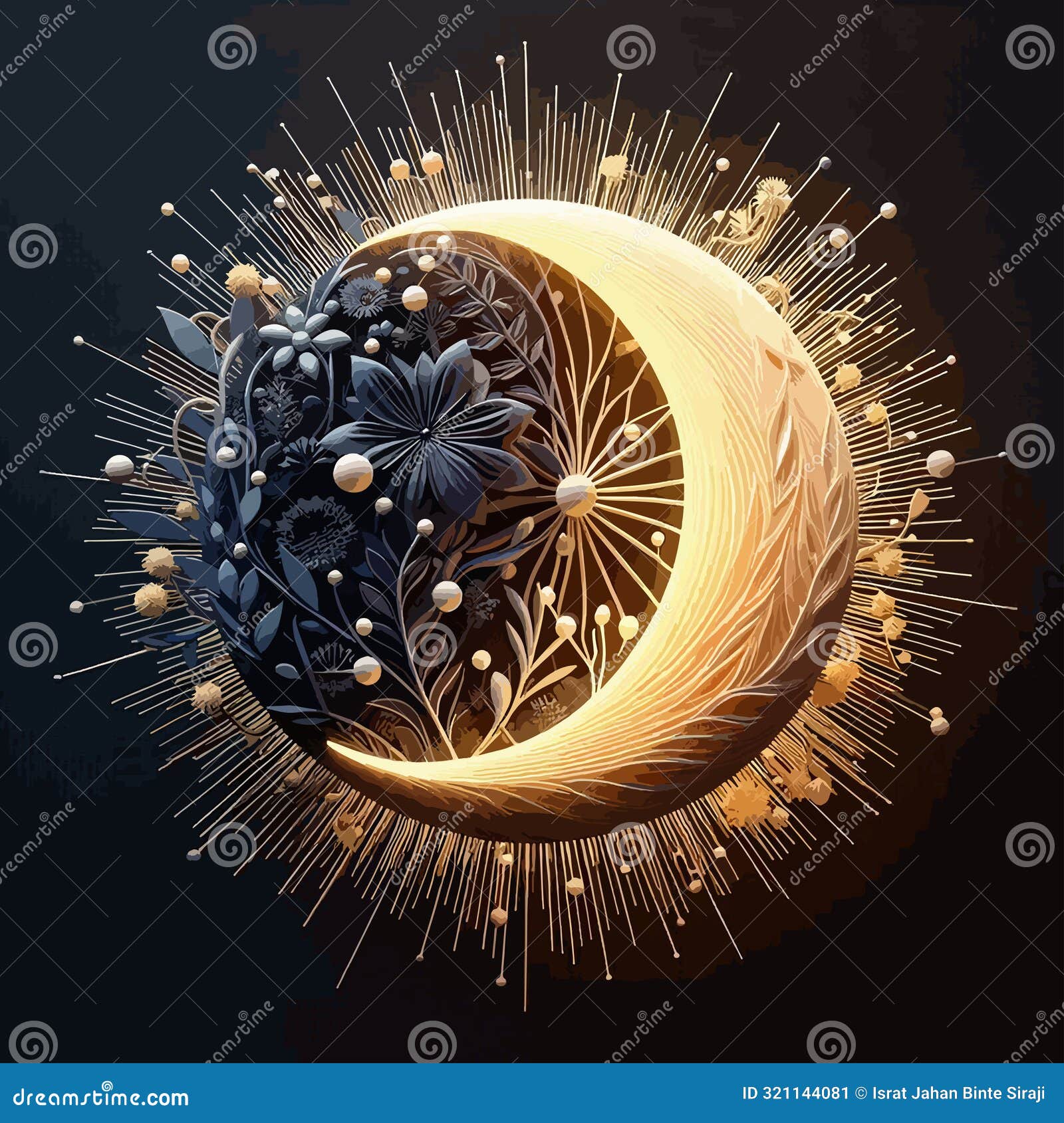 Abstract 3D Shape Half Sun Half Moon Foliage and Flowers Incorporated ...