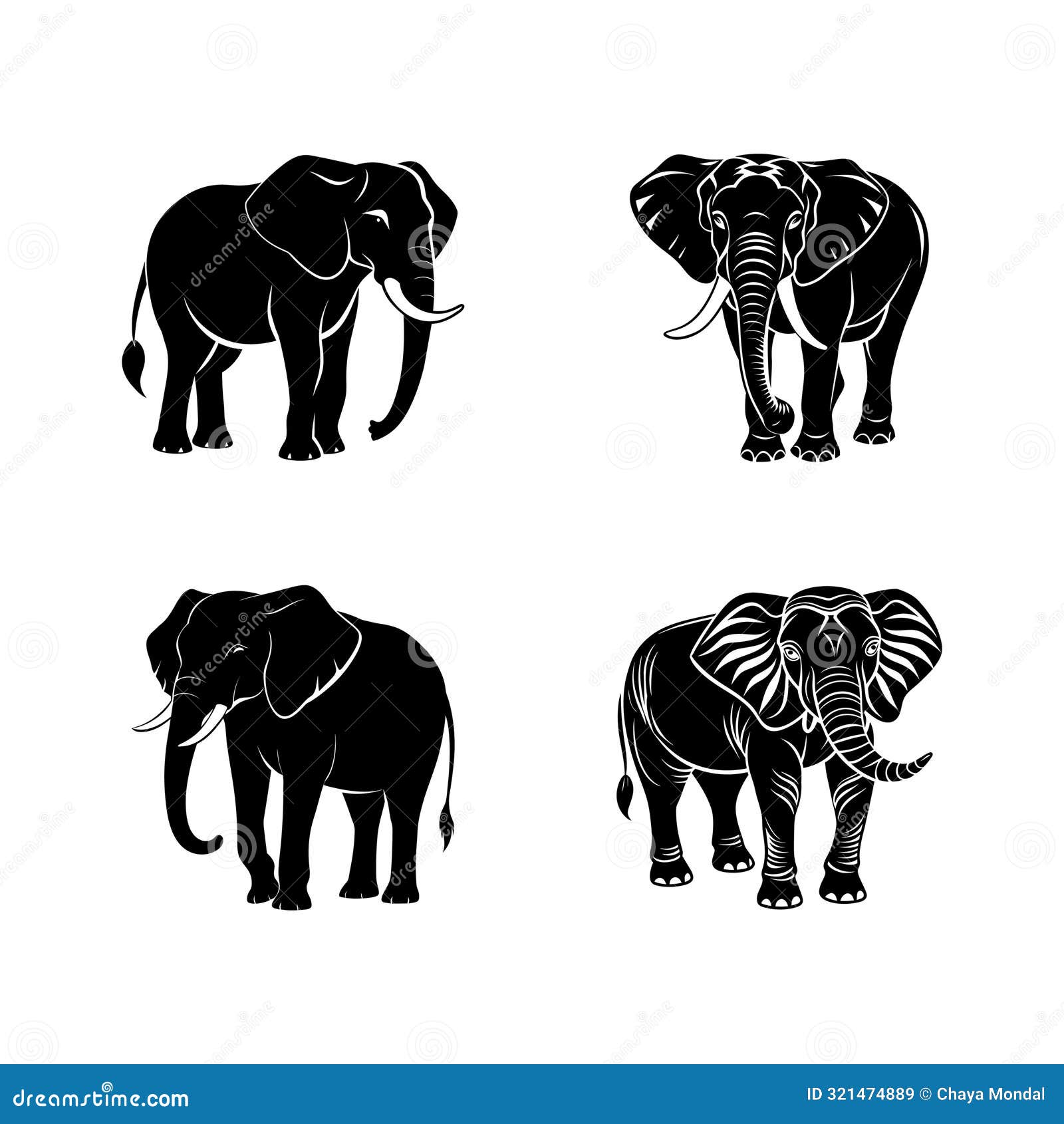 Black and White Elephants Set of Vector Art. Stock Illustration ...