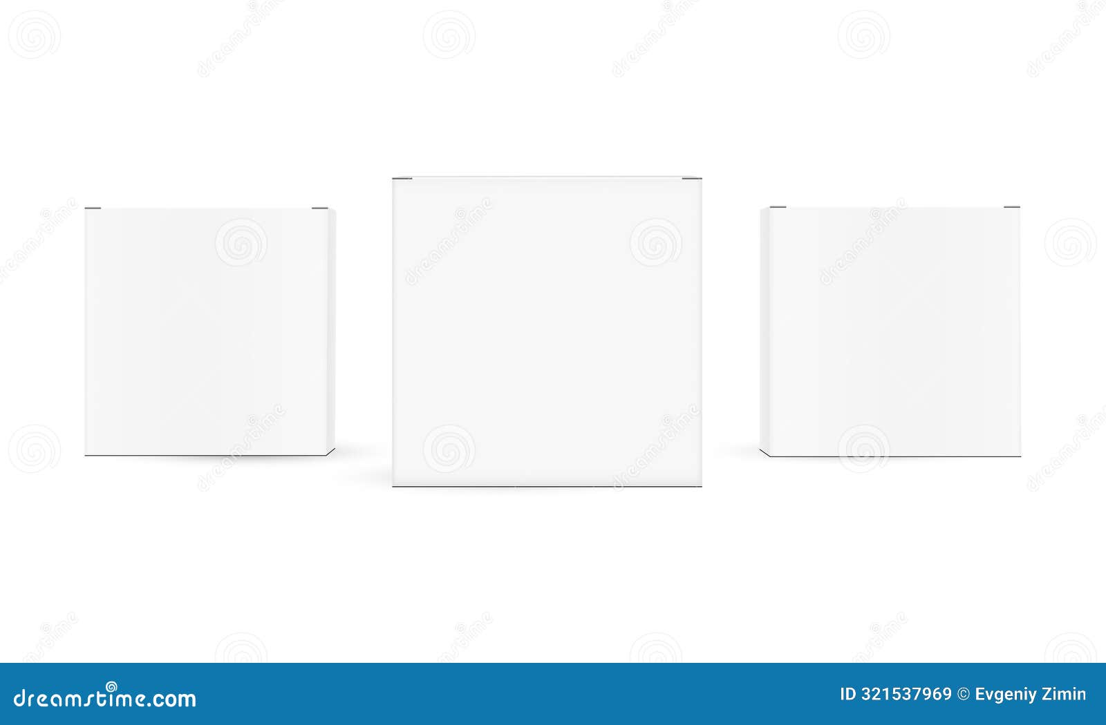 Three Square Packaging Boxes, Front View, Isolated On White Background ...