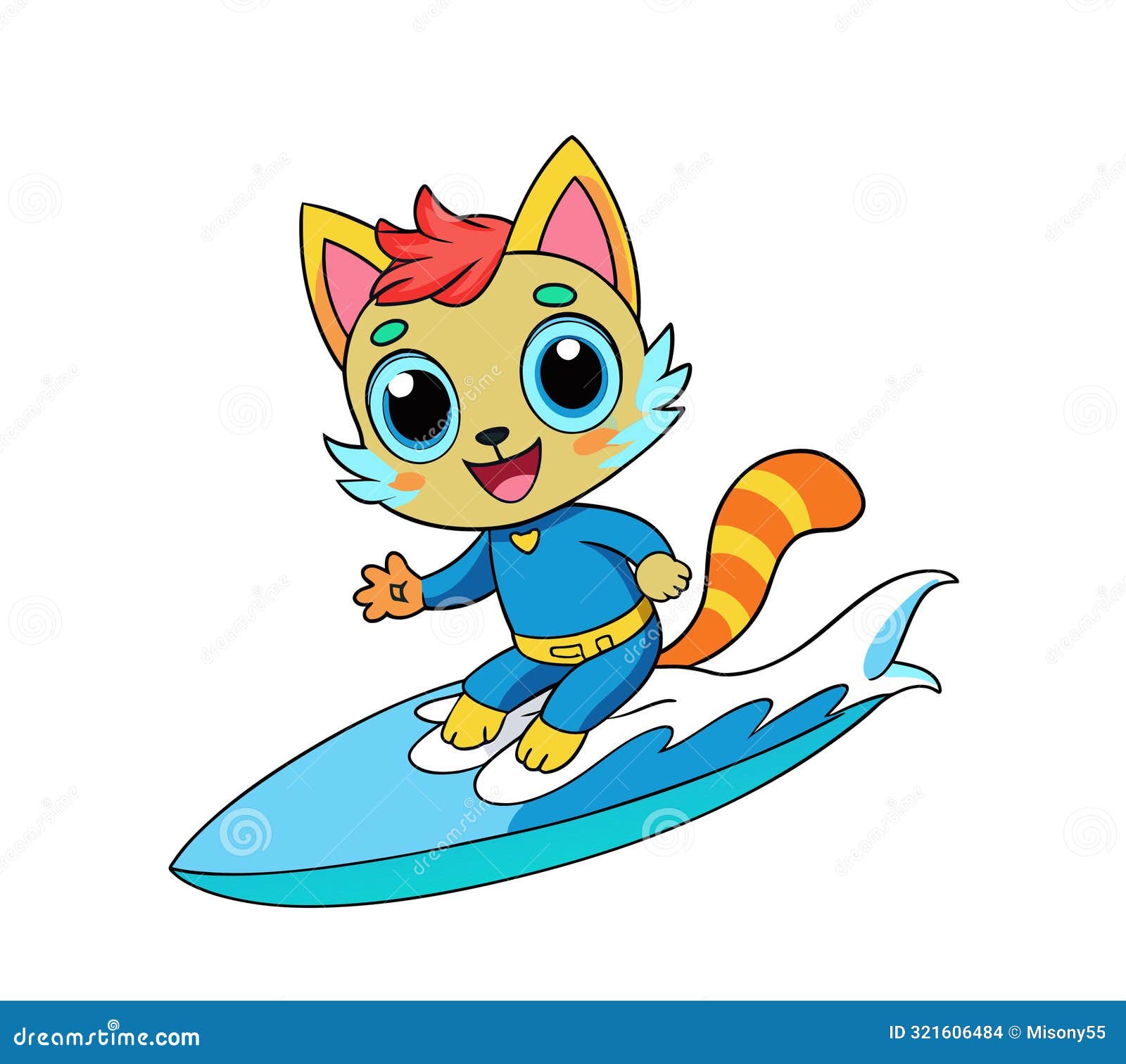 A Little Cat Surfing on the Sea Stock Illustration - Illustration of ...