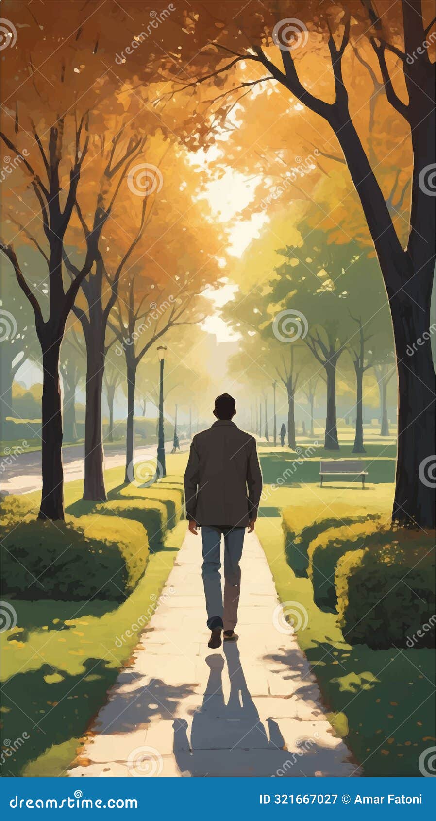 Man Strolling in Tree-Lined Park – Peaceful Scenic Walk Stock Vector ...