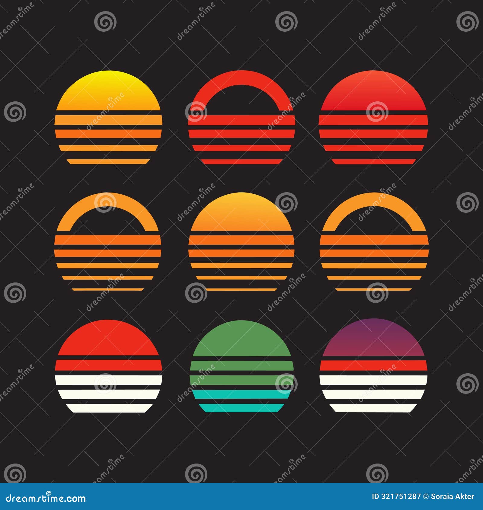 Retro Sunsets In The Style Of The 80s And 90s. Abstract Background With ...