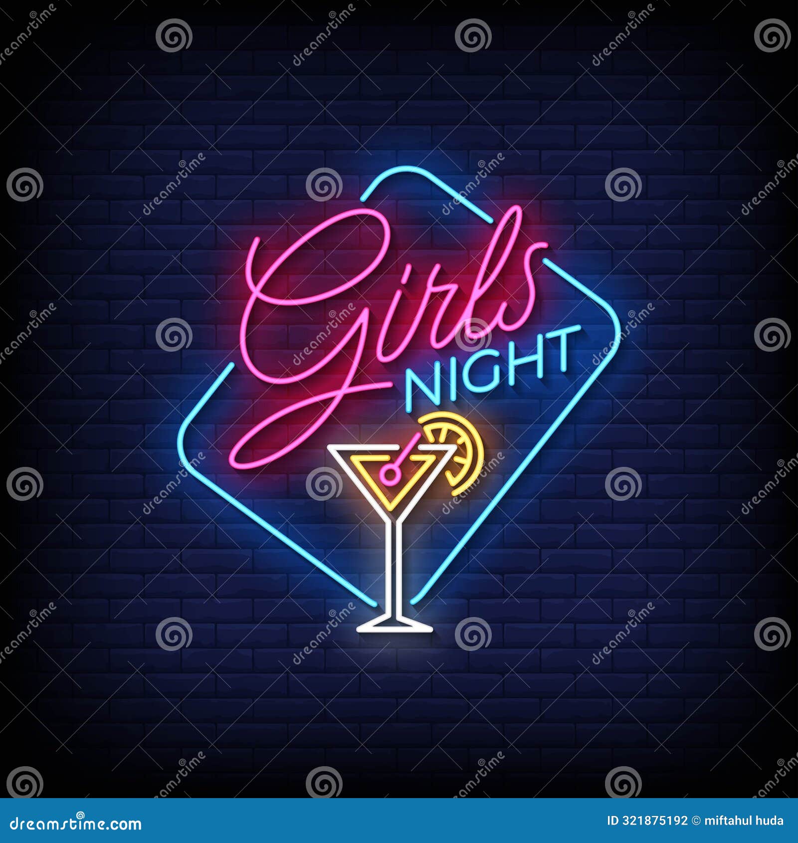 Girls Night Neon Sign on Brick Wall Background Vector Stock Vector ...
