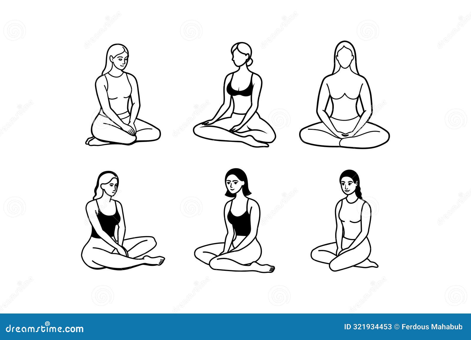 Sets of Woman Sitting Position Lineart Vector Illustration on White ...
