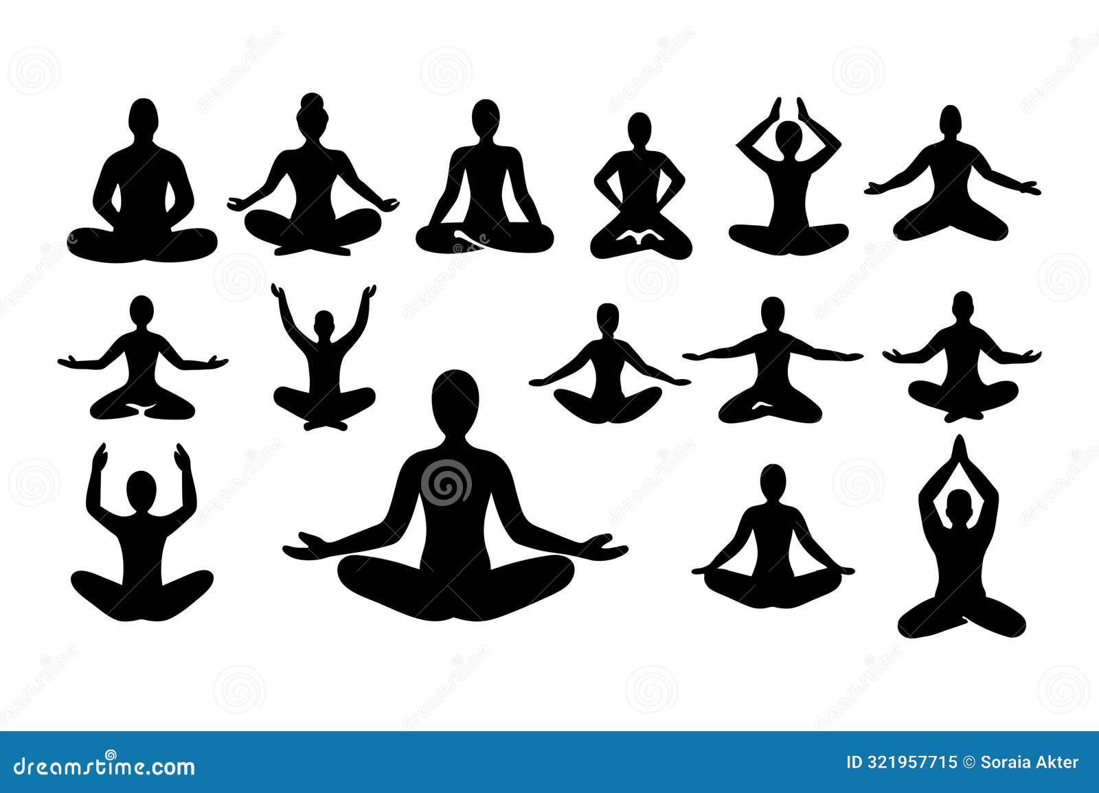 Fiften Set of Hand Drawn Different Positions Yoga Pose Silhouettes Icon ...