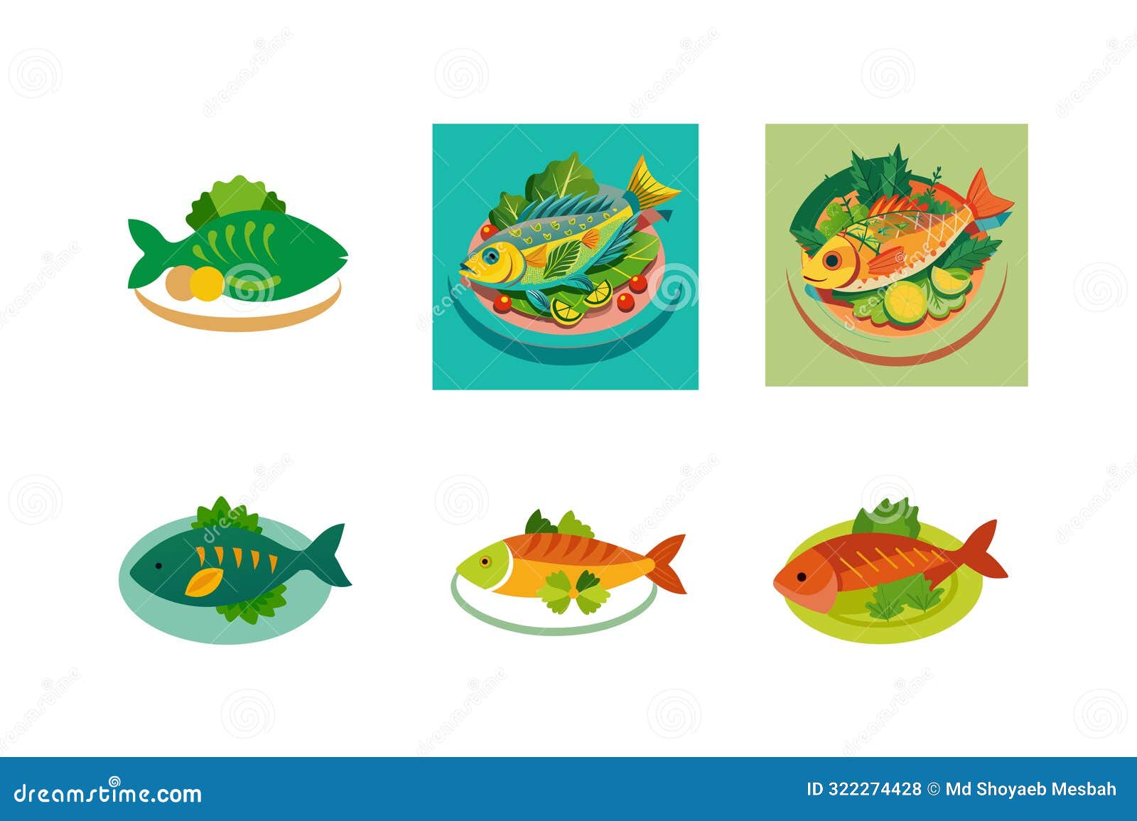 Roast Fish on Plate and Greens on Plate Illustration Stock Vector ...