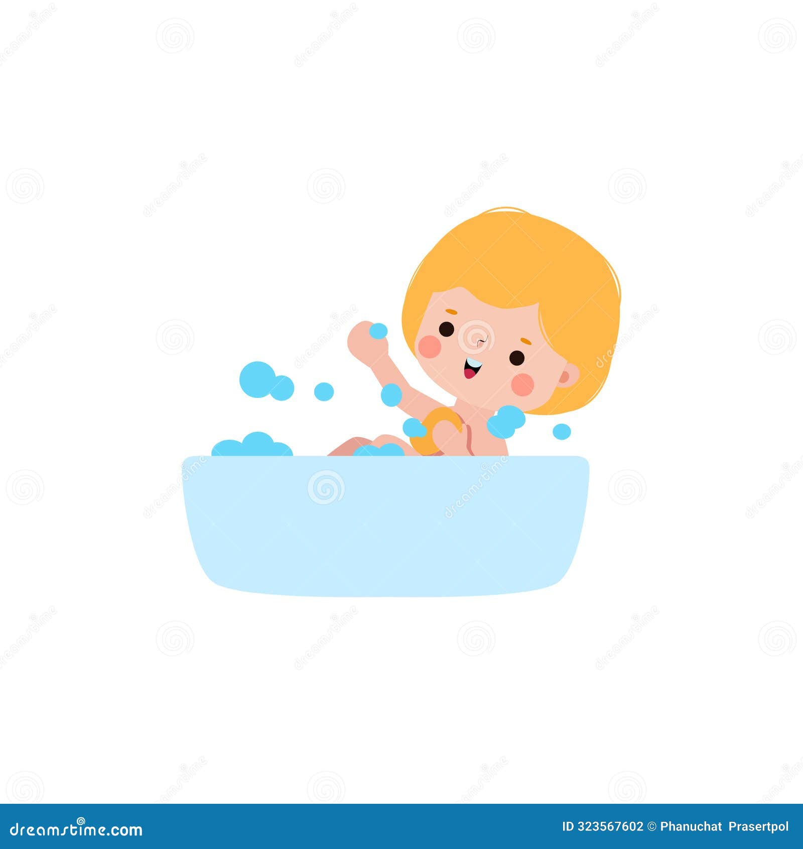 Cute Little Kid Take a Bath in the Bathtub, Cartoon Character Vector ...