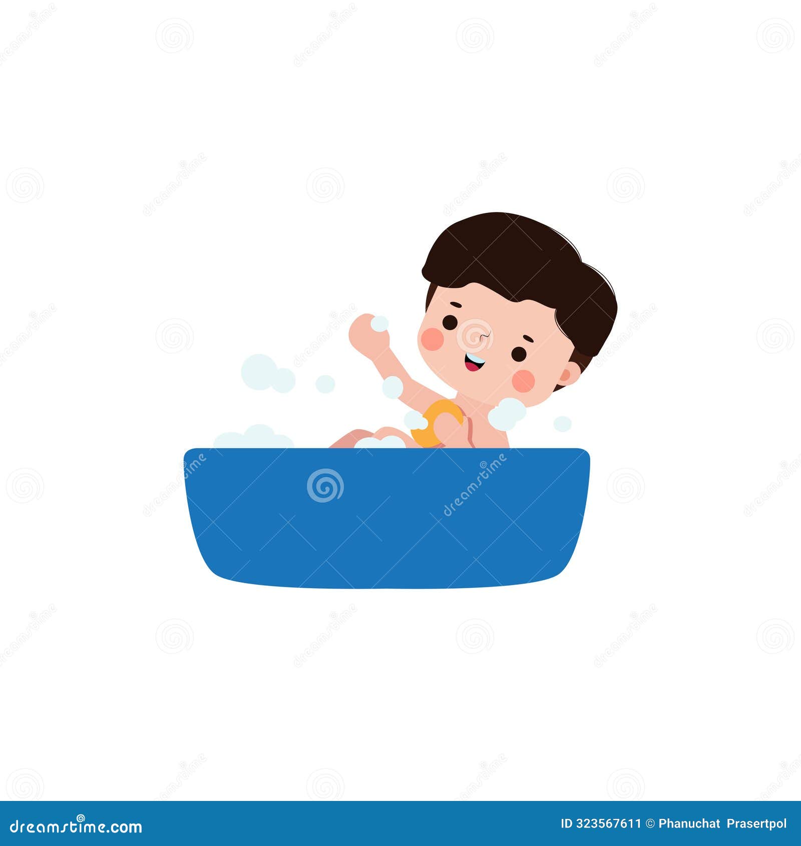 Cute Little Kid Take a Bath in the Bathtub, Cartoon Character Vector ...