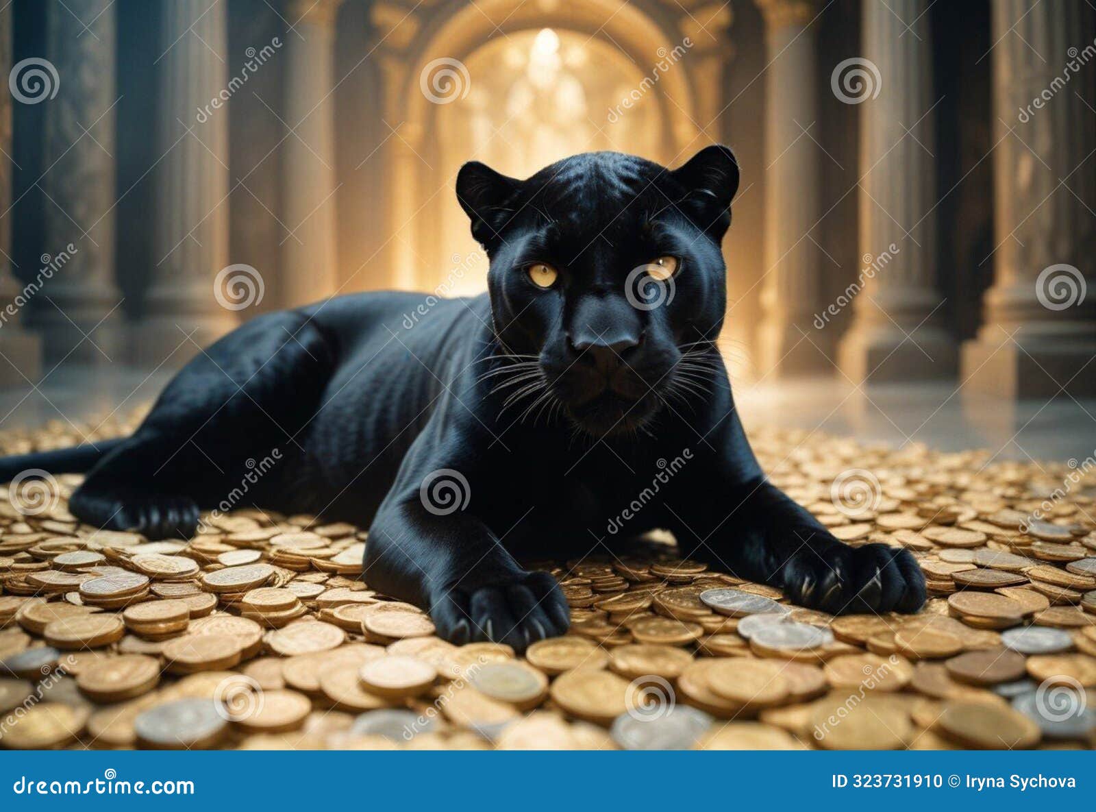 A Black Panther Lies in the Middle of Scattered Gold and Silver Coins ...