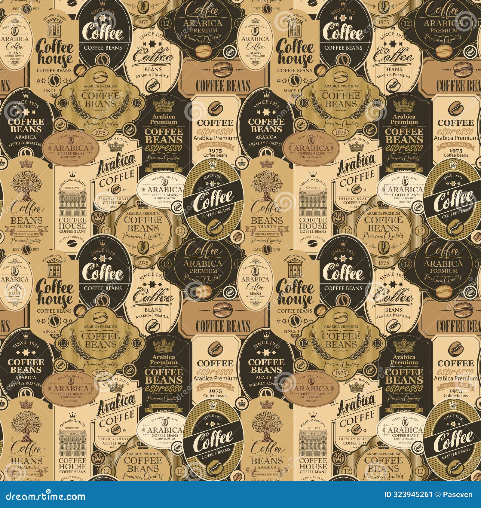 Seamless Pattern on Coffee and Coffee House Theme with Various Labels ...
