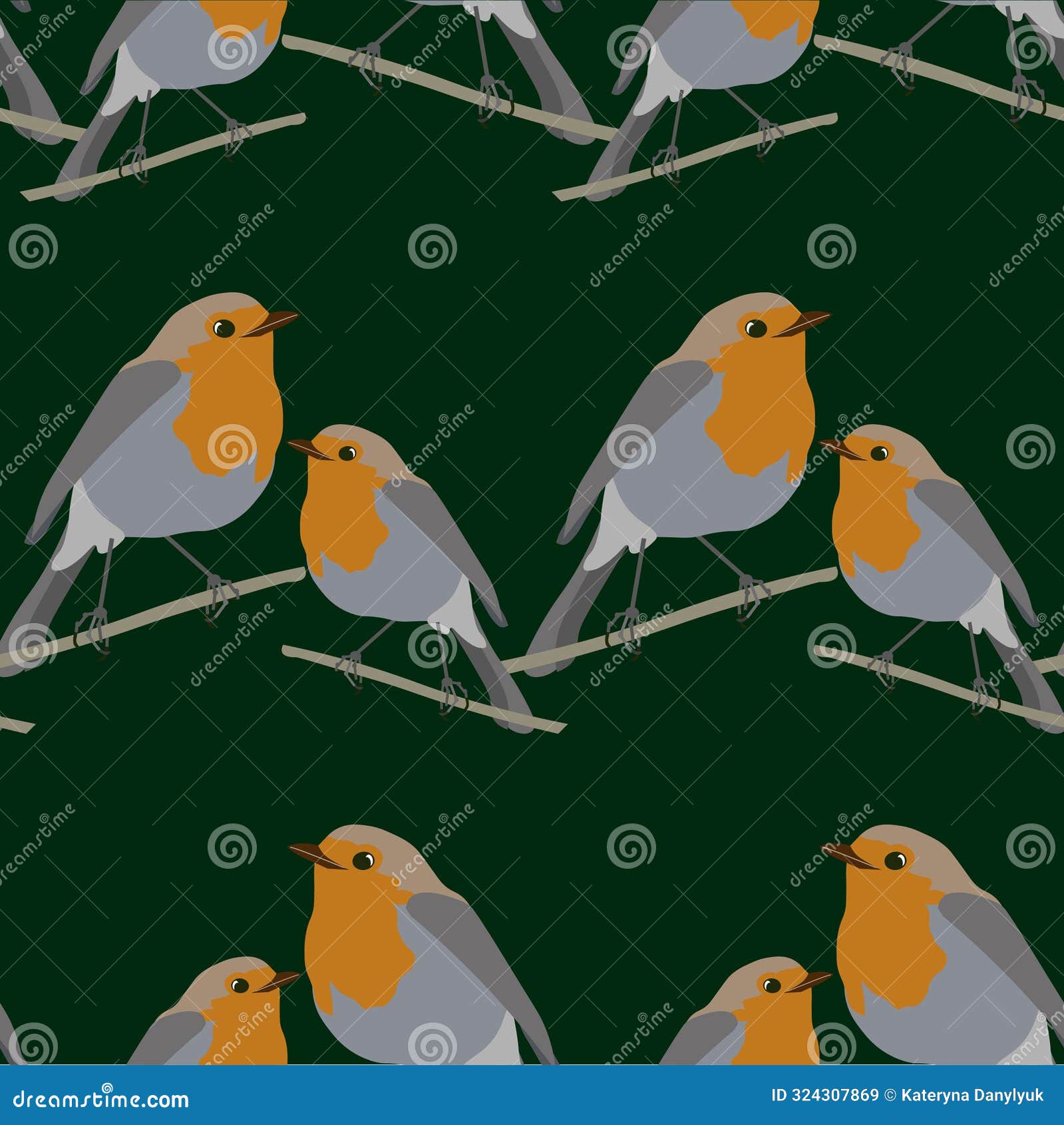 Robin Seamless Pattern on Dark Green Stock Vector Illustration Stock ...
