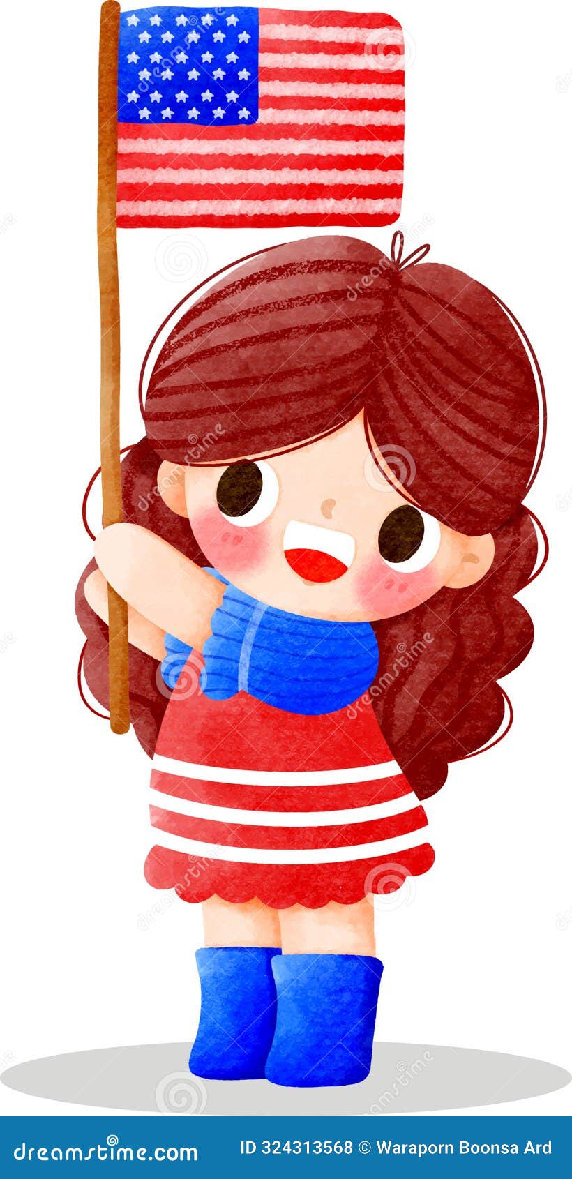 Cartoon Drawing Girl with American Flag for Independence Day Stock ...