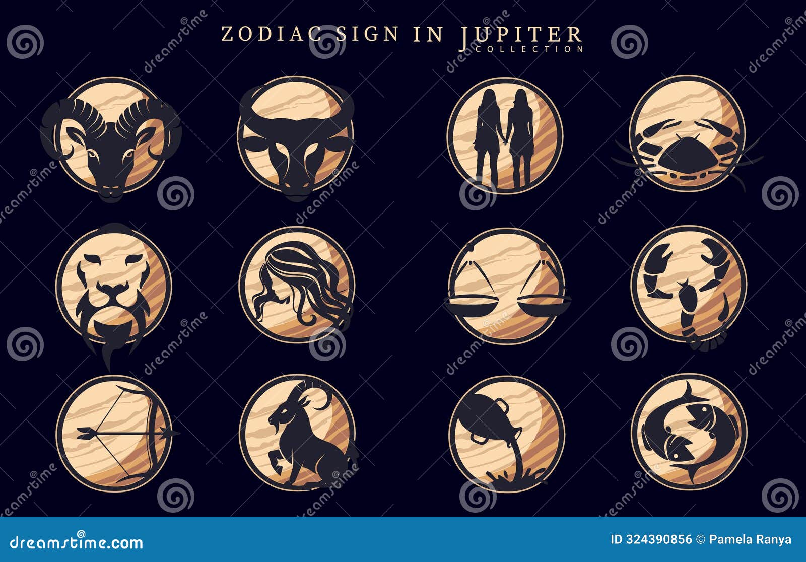 Zodiac Signs Symbols on the Planet Jupiter. Stock Vector - Illustration ...