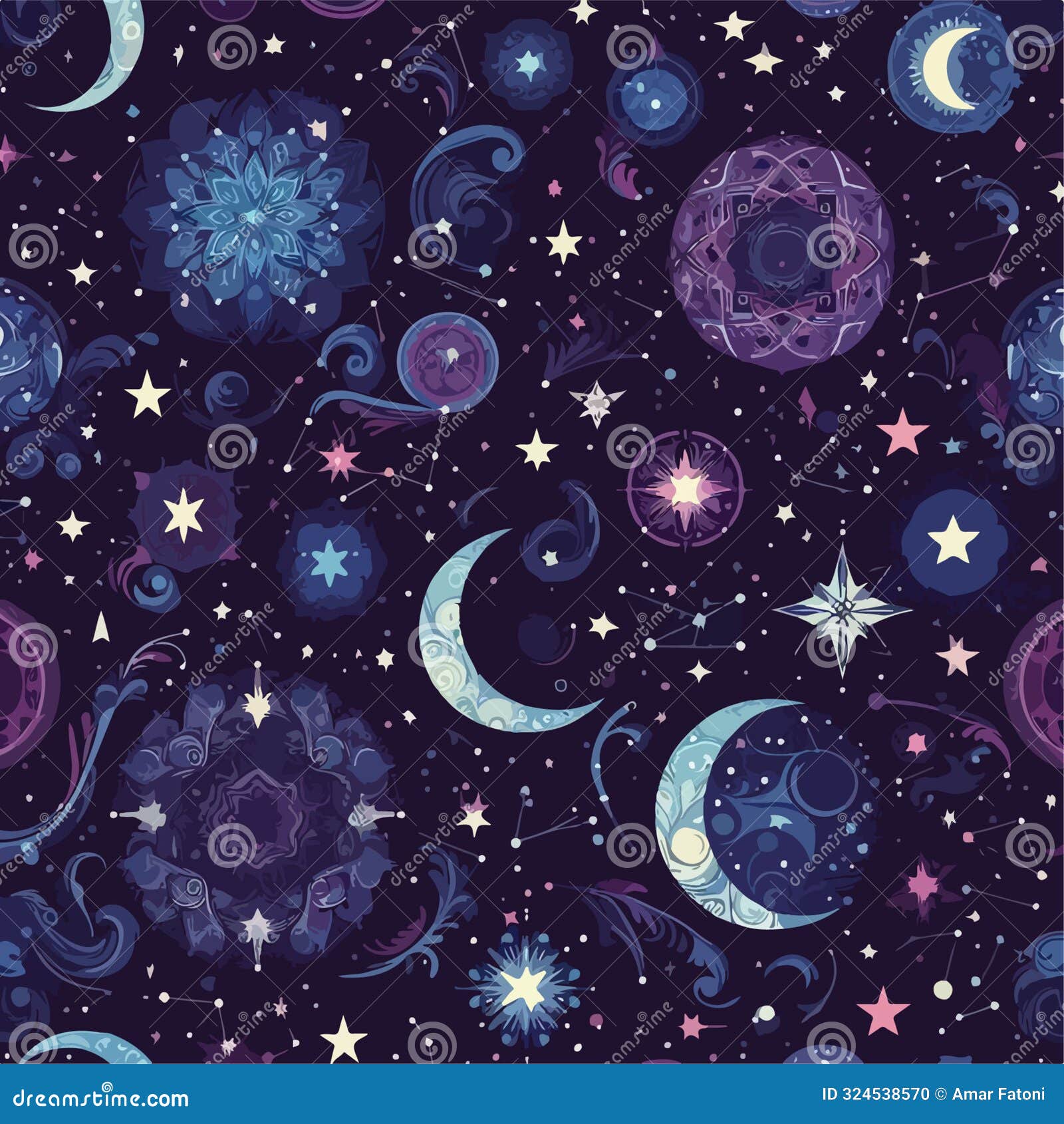 Mystical Celestial Seamless Pattern – Moon, Stars, and Mandala Stock Illustration - Illustration ...