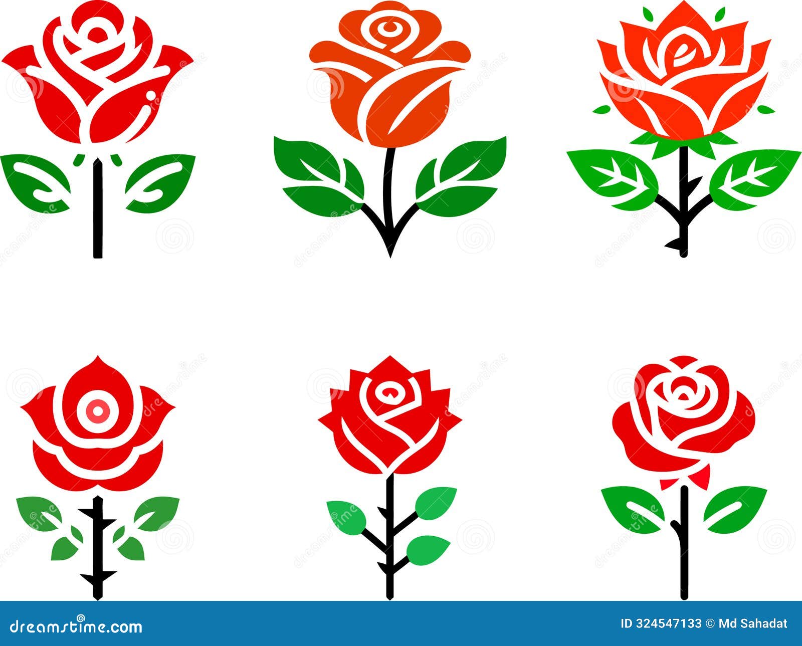 Red Rose Set of 6 Vector Illustration. Decorative Rose with Leaves ...