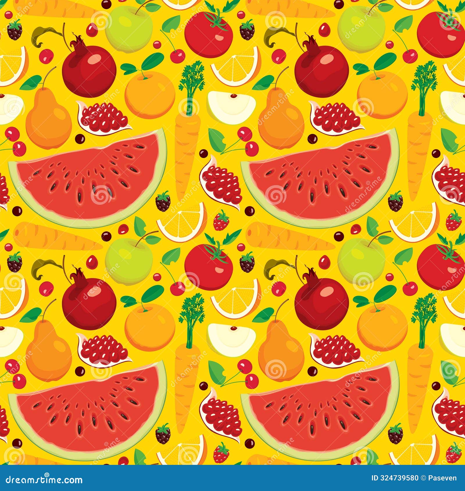 Seamless Pattern with Various Whole and Sliced Fruits, Berries ...