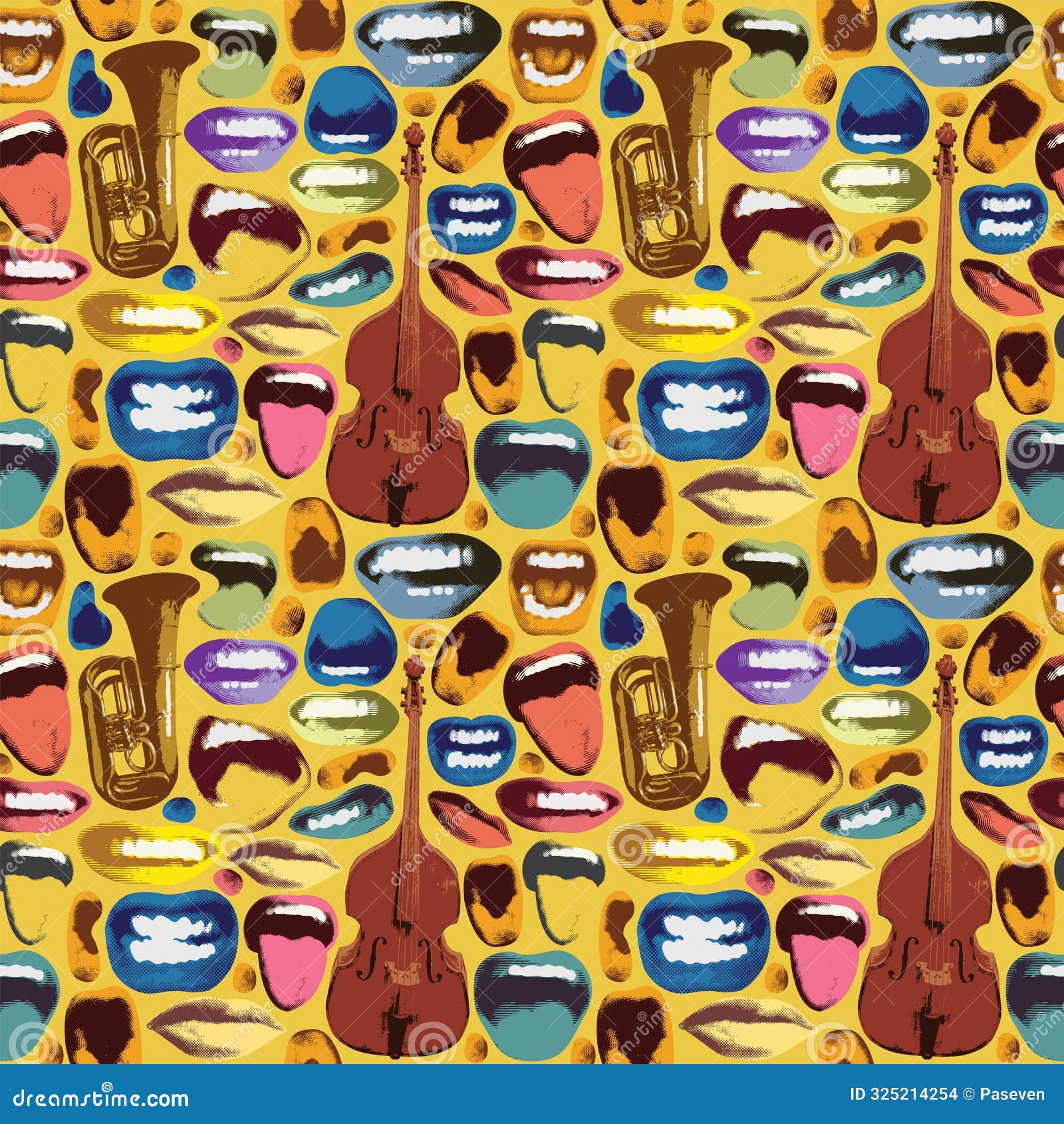 Seamless Pattern with Colored Lips and Music Instruments Stock Vector ...