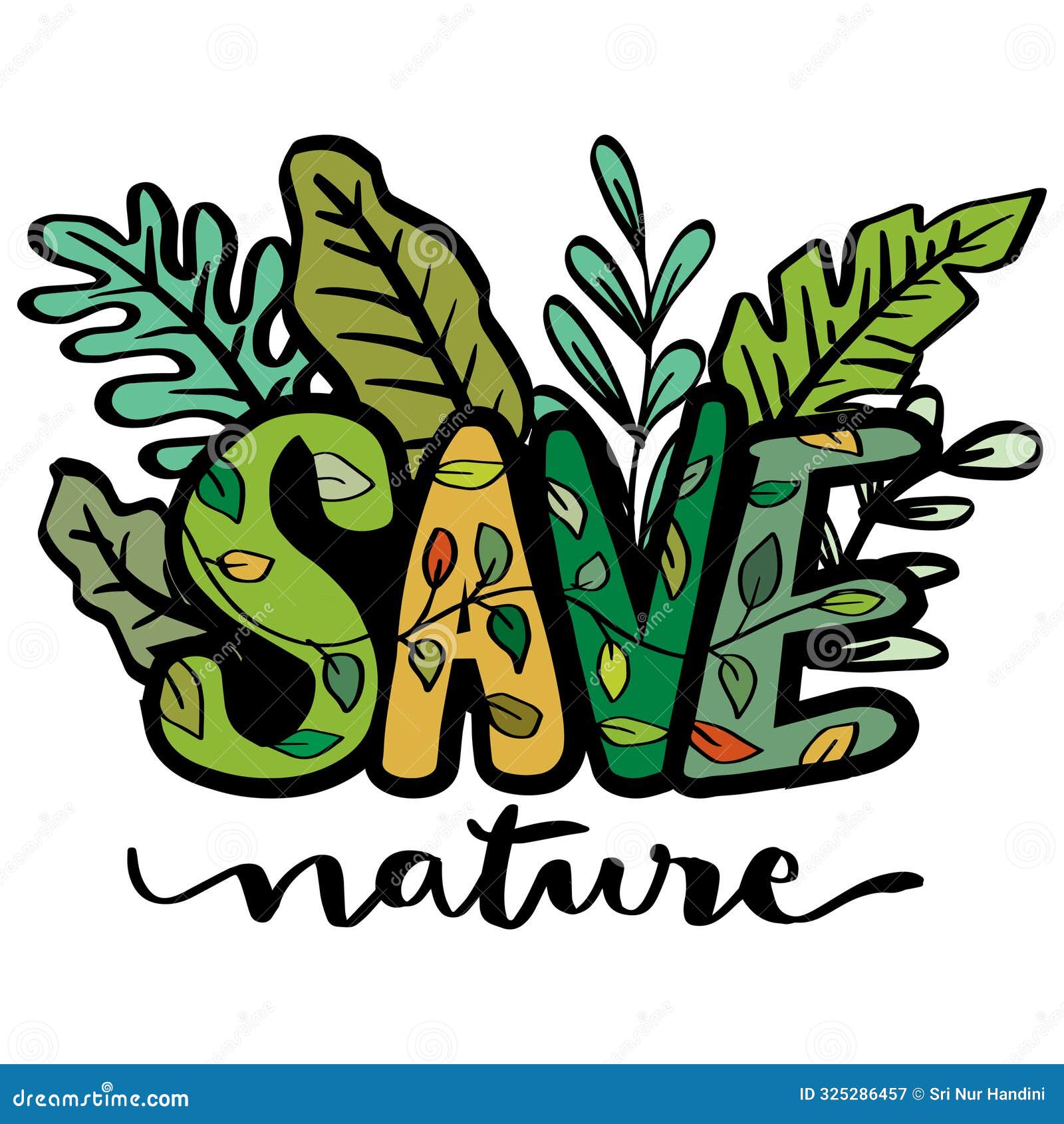 Save Nature. Hand Drawn Lettering with Leaves Stock Vector ...