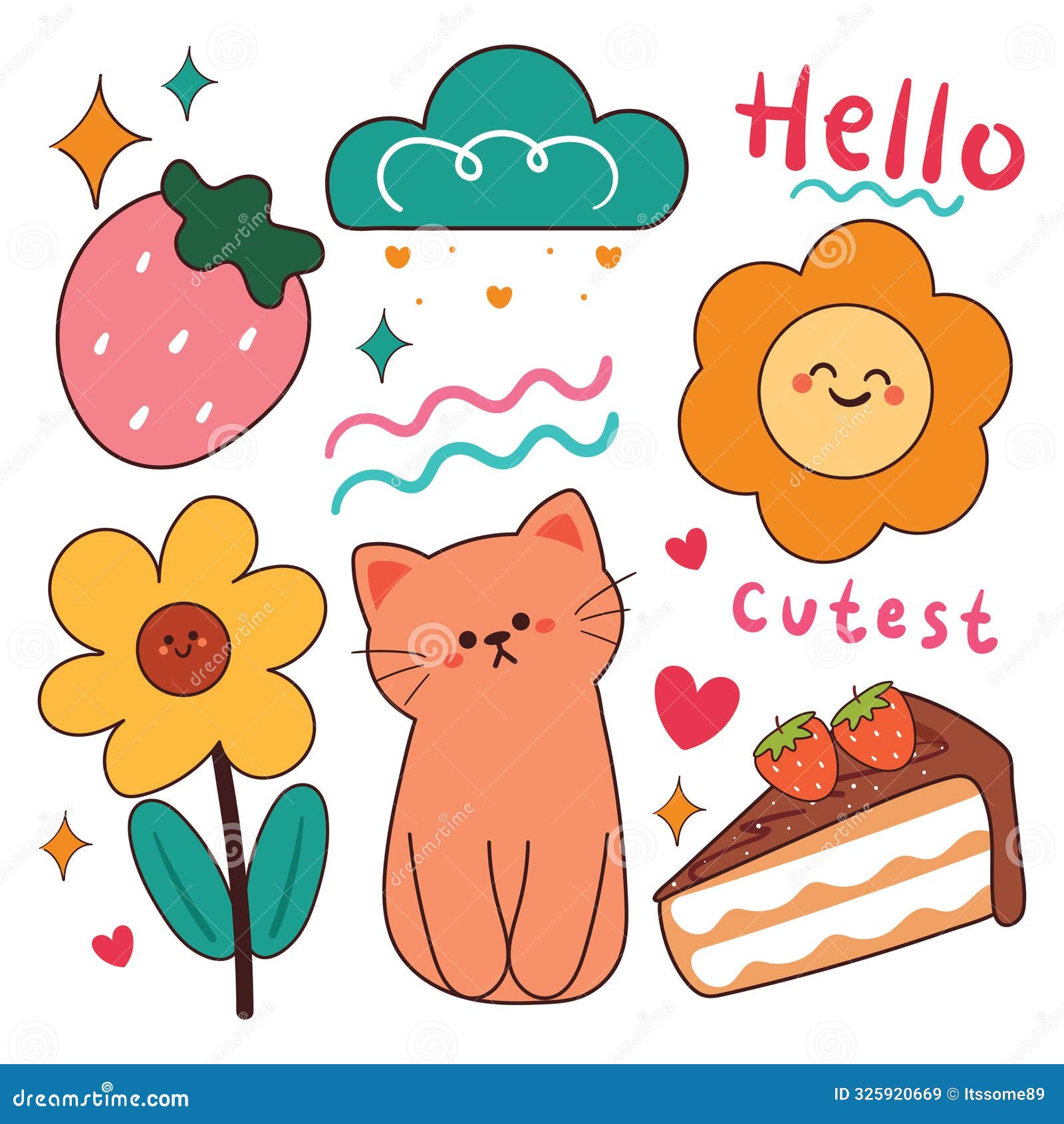 Hand Drawing Cartoon Kawaii Sticker Set Stock Illustration ...