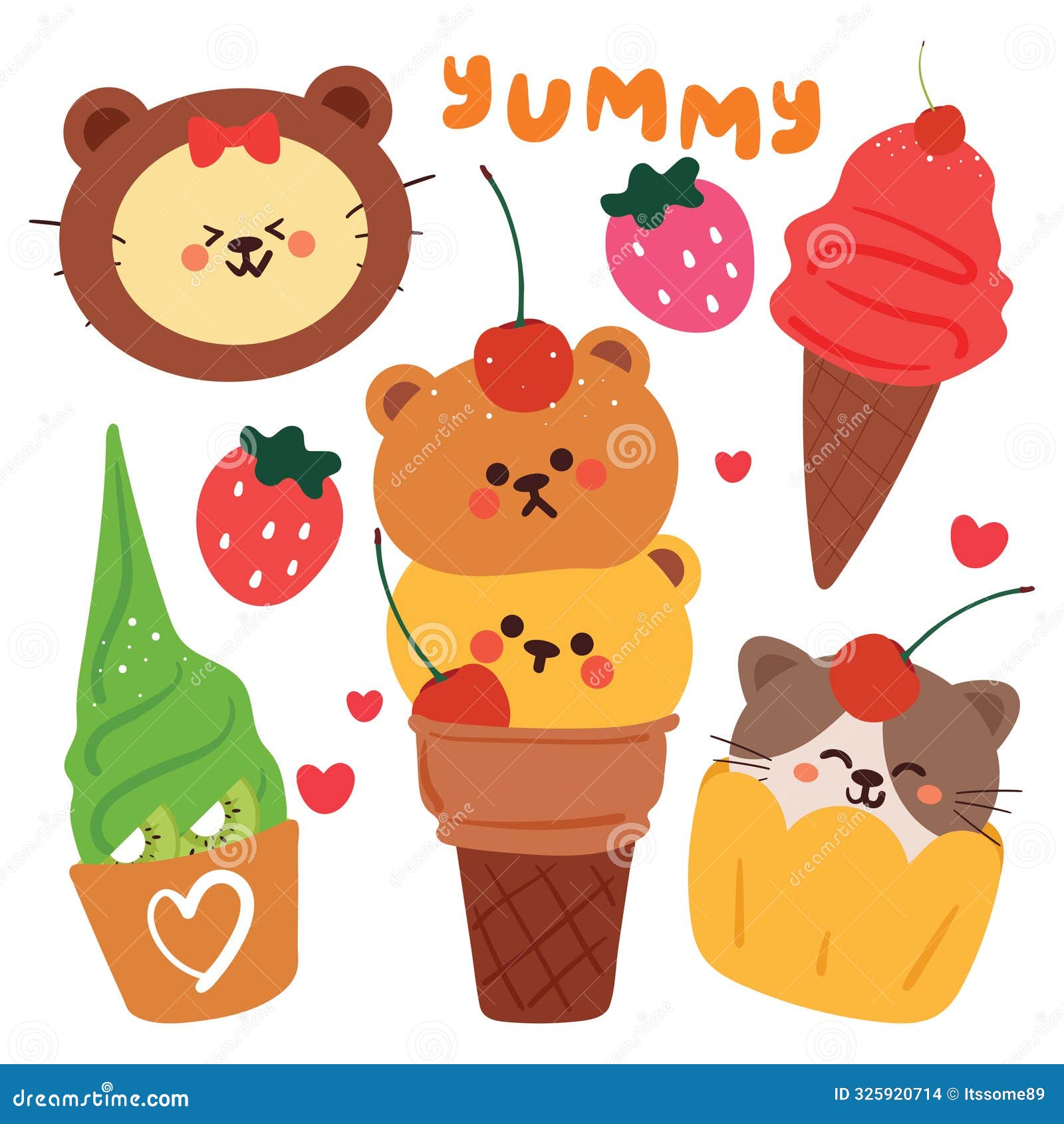 Hand Drawing Cartoon Cute Dessert with Animal Design Sticker Set Stock ...