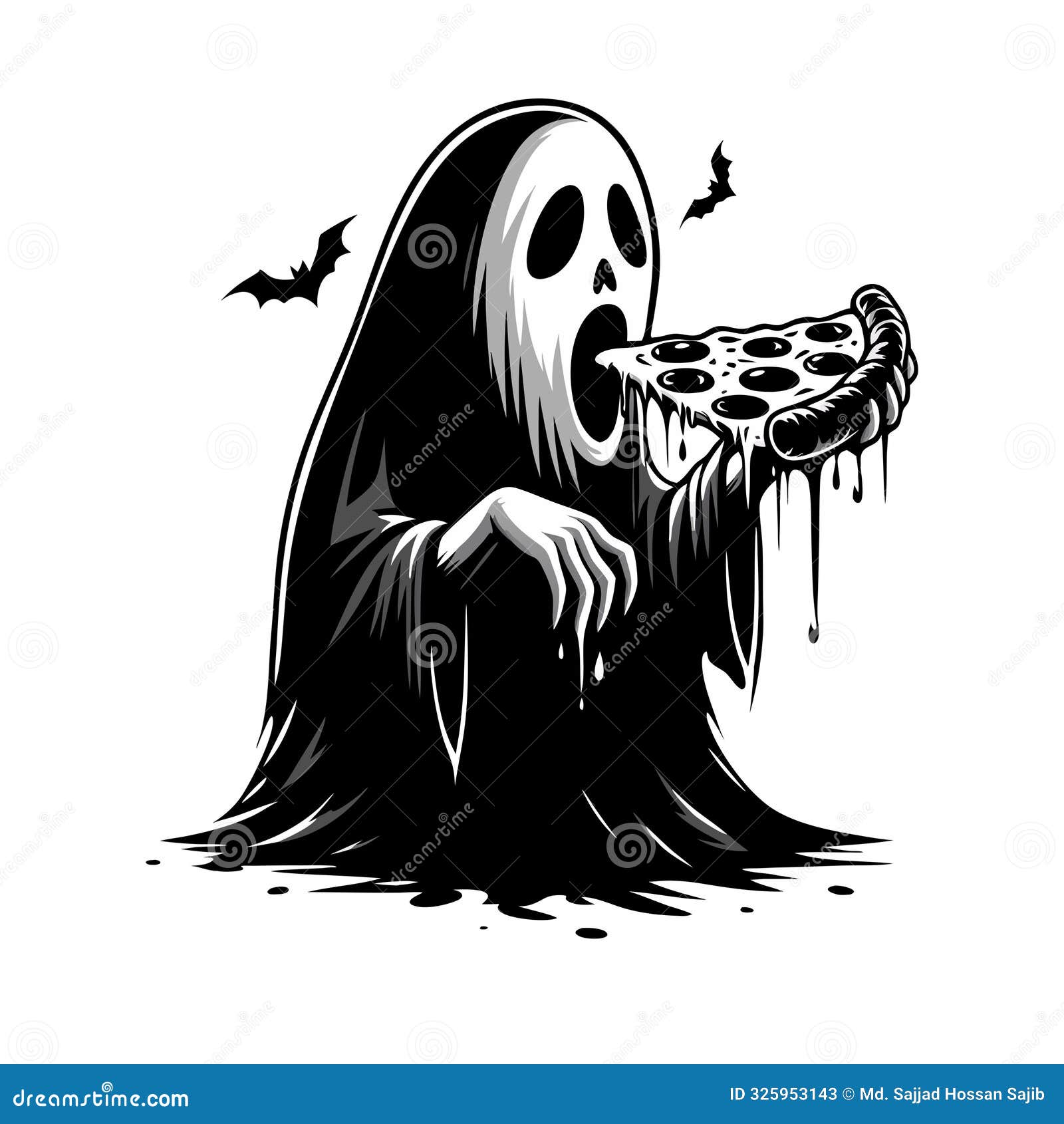 Black Ghost Eating a Pizza Vector Silhouette Illustration Stock ...