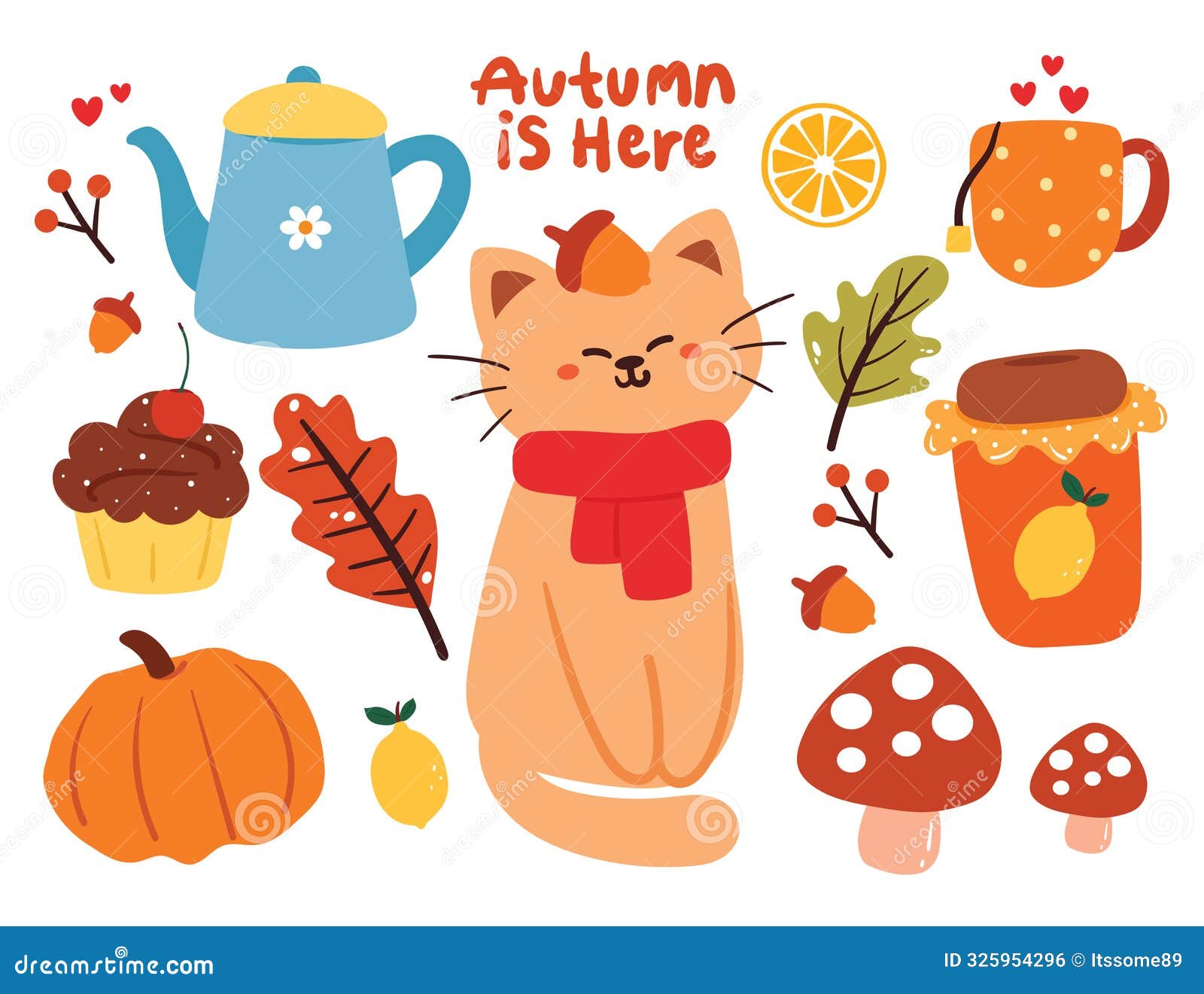 Hand Drawing Cartoon Autumn Sticker Set Stock Vector - Illustration of ...